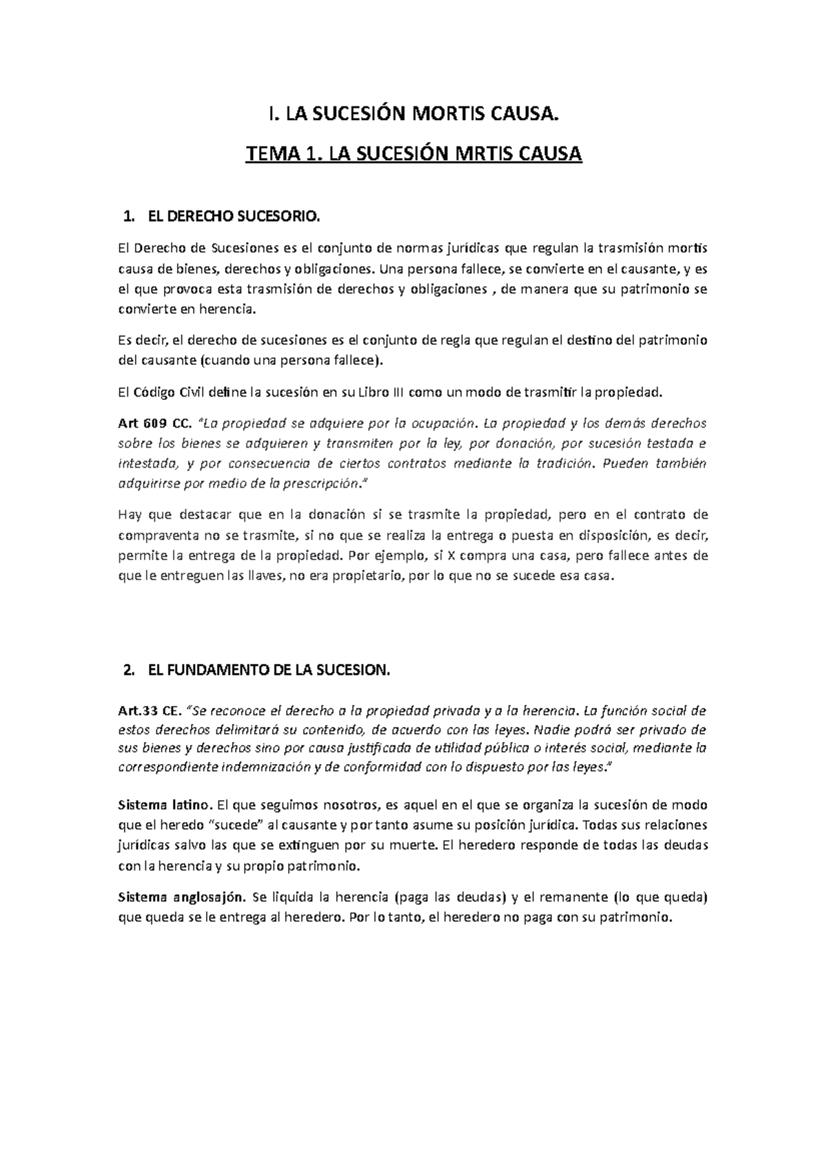 TEMA 1. Sucesión Mortis Causa - I. LA SUCESIÓN MORTIS CAUSA. TEMA 1. LA ...