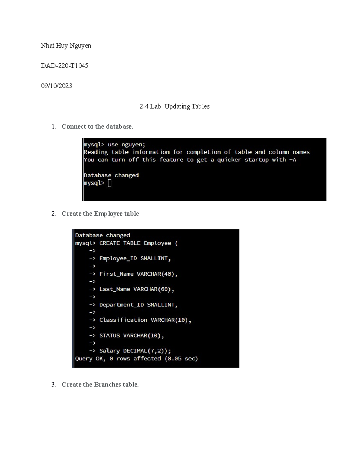 Ass2 - test - Nhat Huy Nguyen DAD-220-T 09/10/ 2-4 Lab: Updating Tables ...
