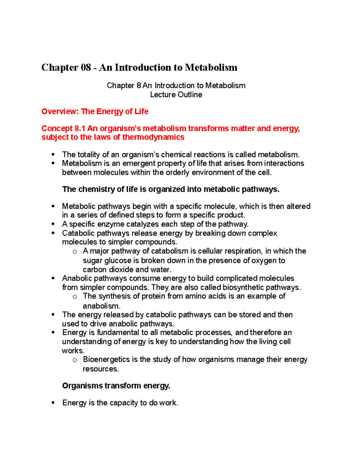 Biology Chapter 08 - Chapter 08 - An Introduction to Metabolism Chapter 8 An Introduction to ...