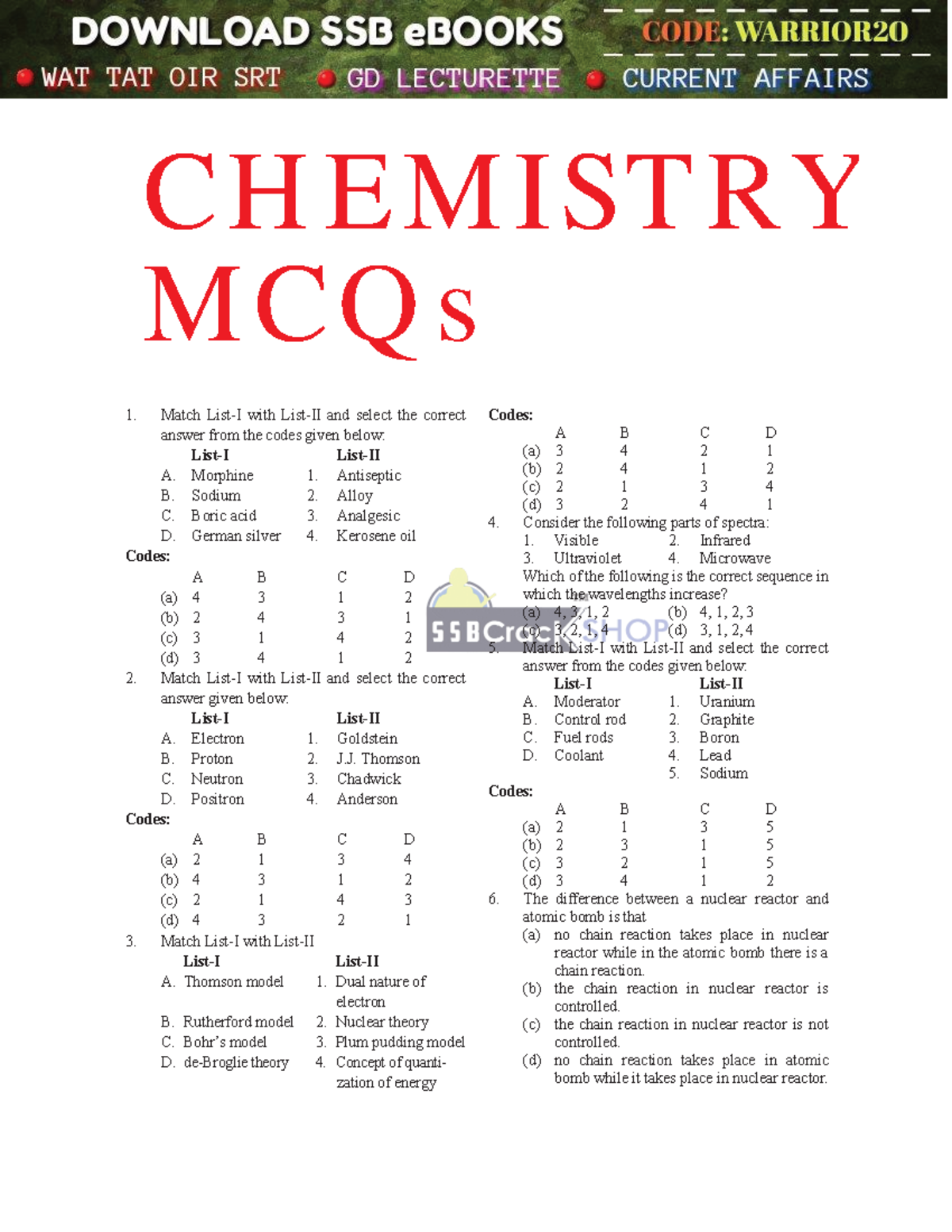 Chemistry-MCQs-SSBCrack - Match List-I with List-II and select the ...