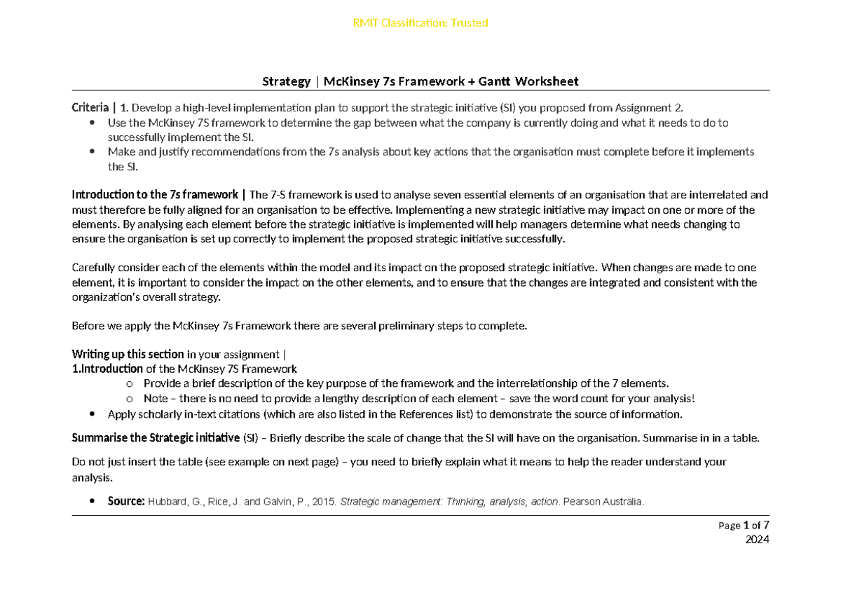Strategy Implementation Mc Kinsey 7S Framework + Gantt worksheets 2024 ...