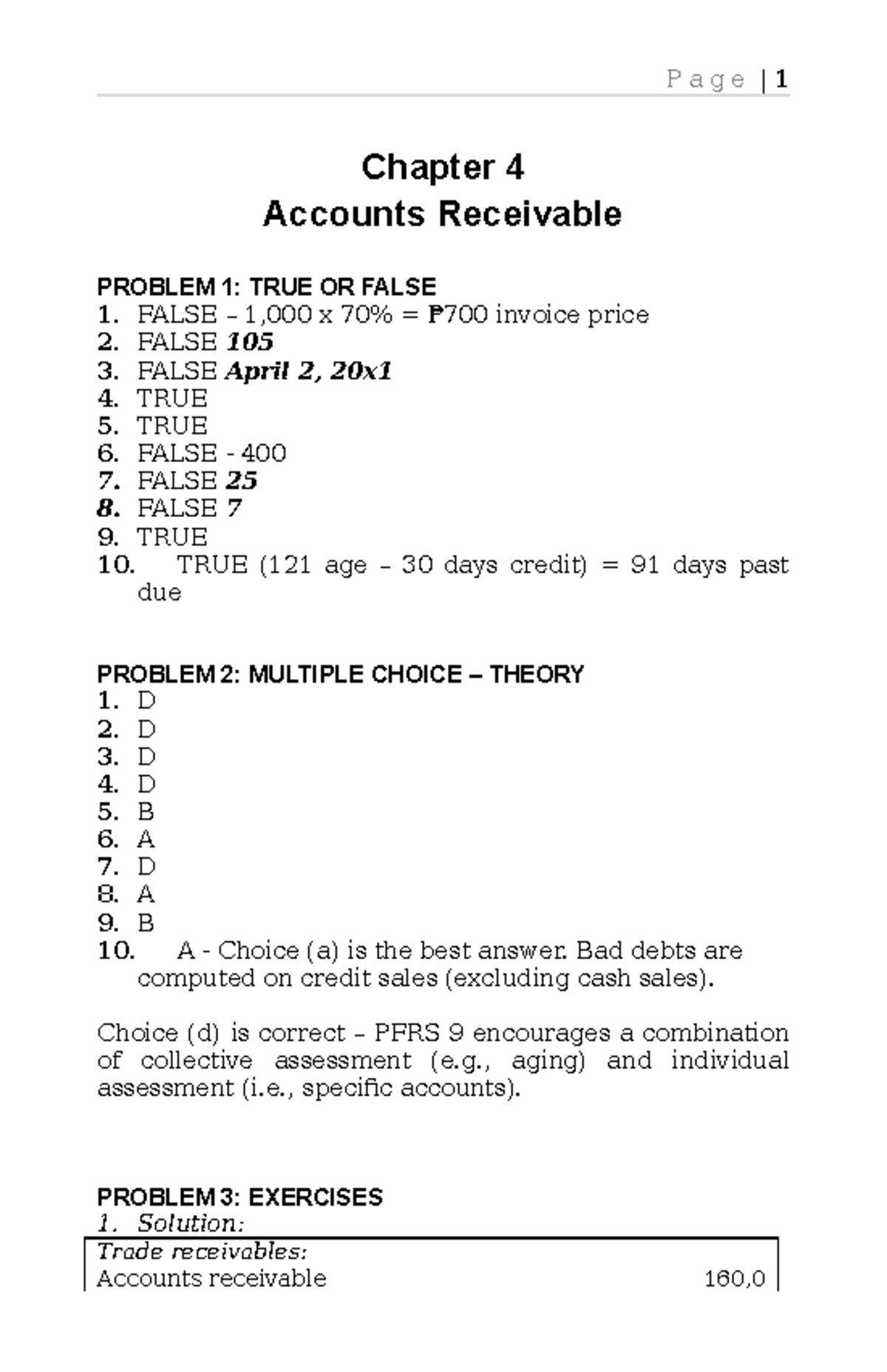 SOL - Intermediate accounting - Chapter 4 Accounts Receivable PROBLEM 1 ...