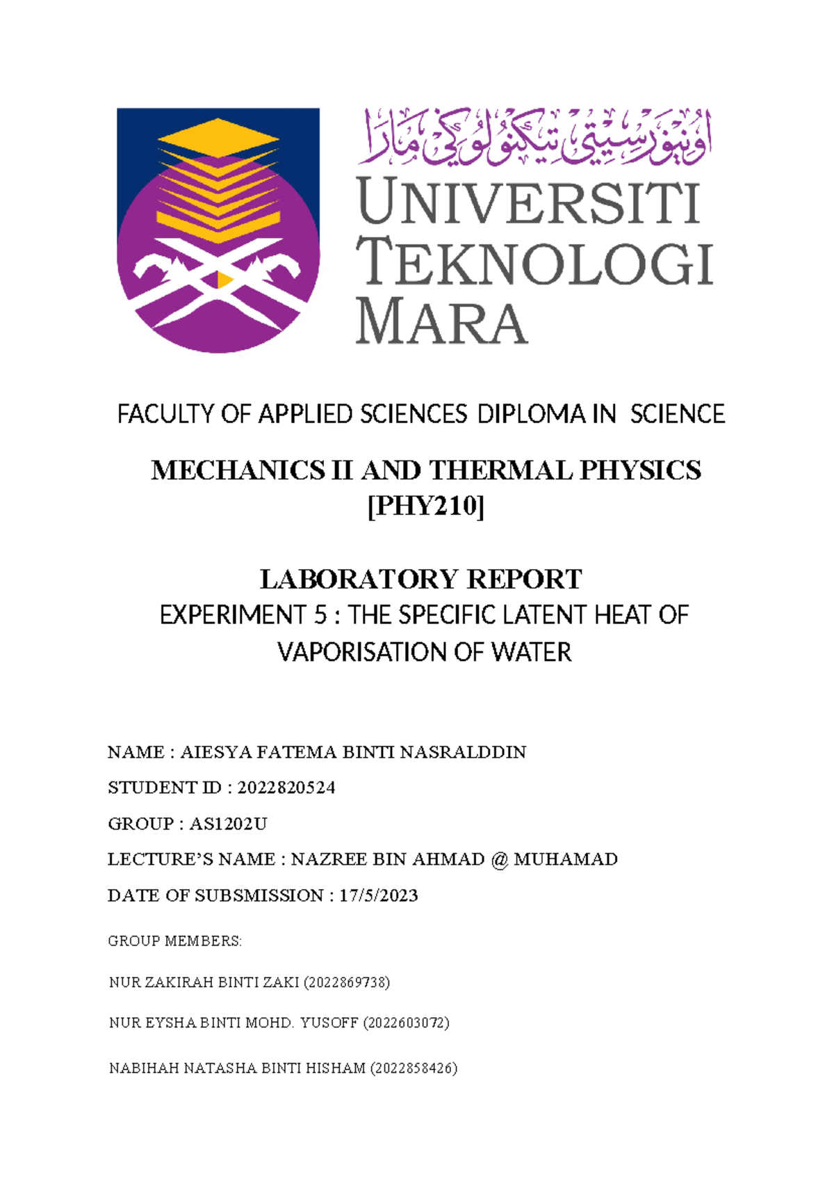 PHY210 Exp. 5 The Specific Latent Heat of Vapourasation of Water - FACULTY OF APPLIED SCIENCES ...