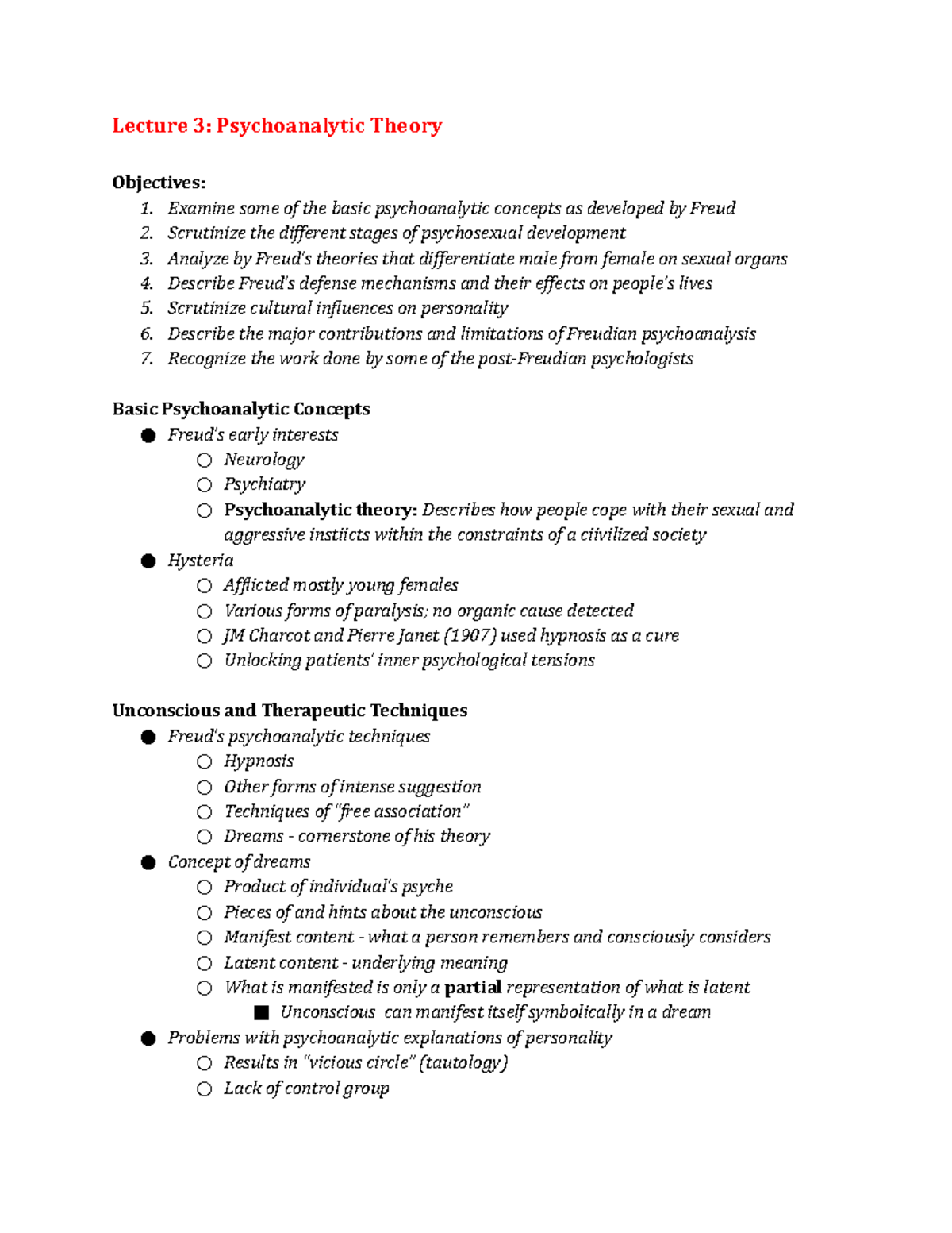 Lecture 3 Psychoanalytic Theory - Lecture 3: Psychoanalytic Theory ...
