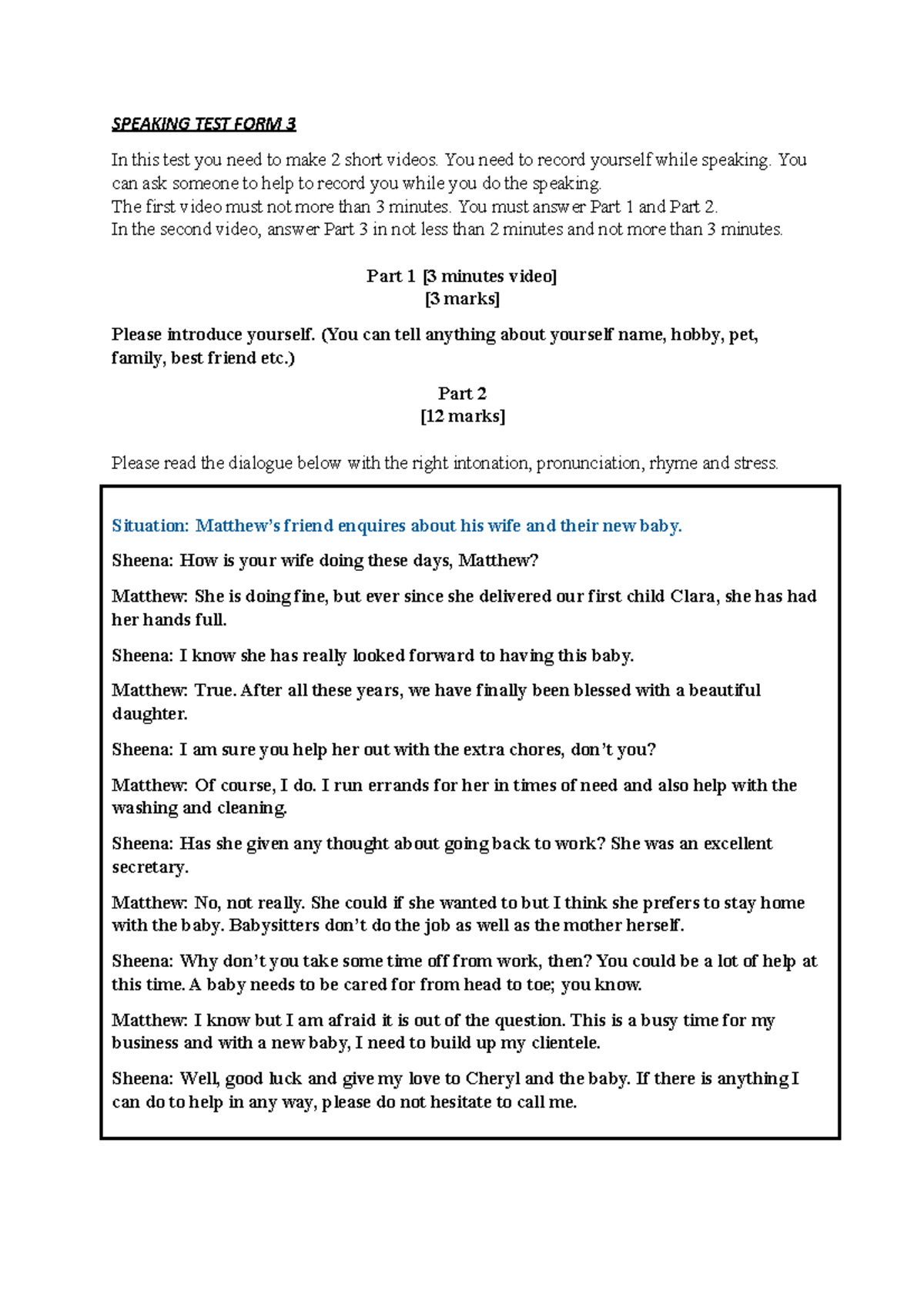 Speaking TEST FORM 3 - SPEAKING TEST FORM 3 In this test you need to ...