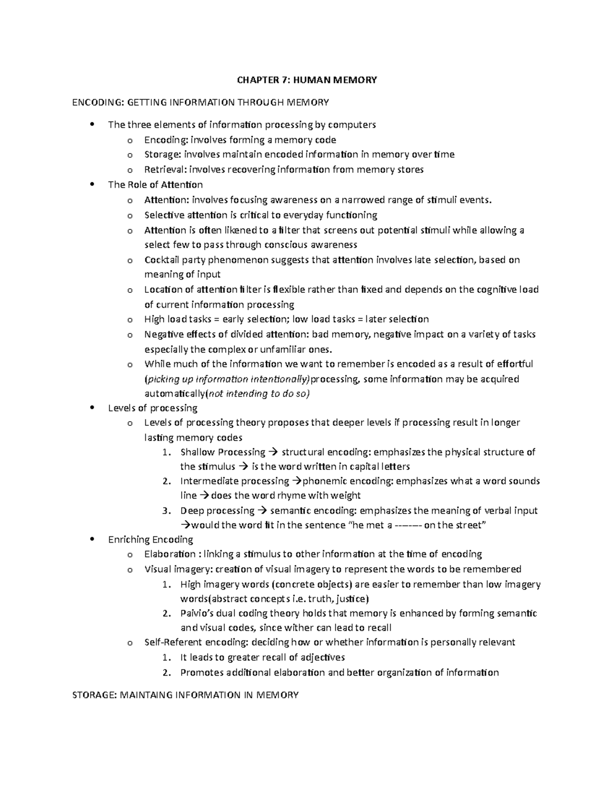 Chapter 7 human memory - psy - CHAPTER 7: HUMAN MEMORY ENCODING ...