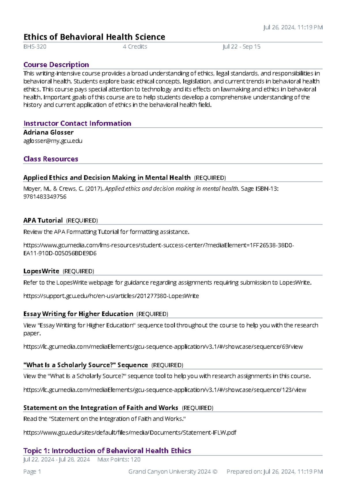 Syllabus BHS-320-O502-20240722 - Jul 26, 2024, 11:19 PM Ethics of ...