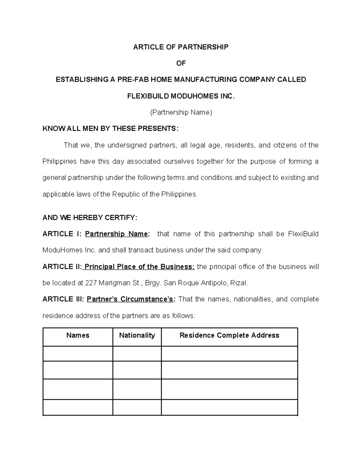 Sample Articles of Partnership - ARTICLE OF PARTNERSHIP OF ESTABLISHING ...