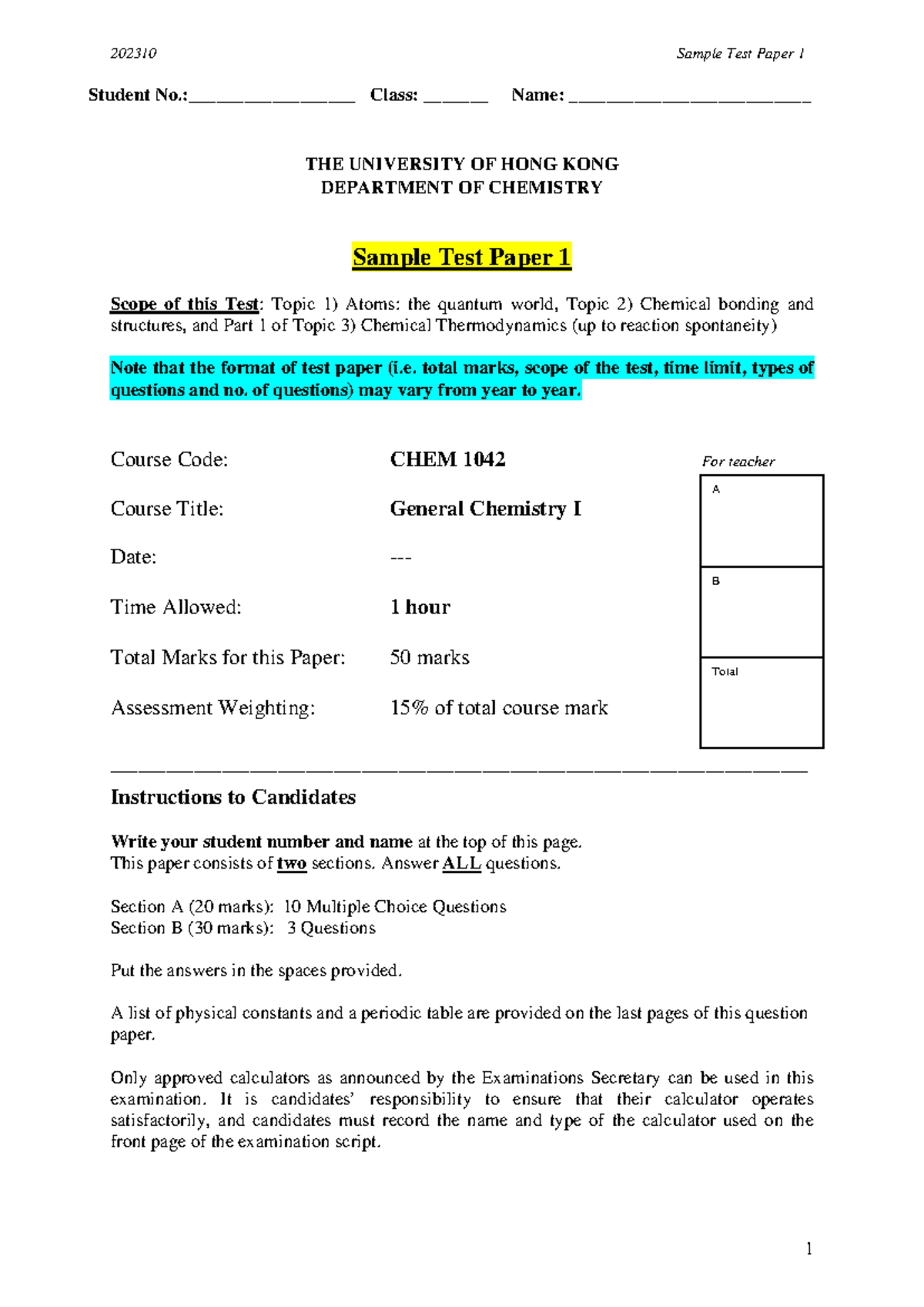 1042 Sample Test Paper 1 202310 - A B Total Student No ...