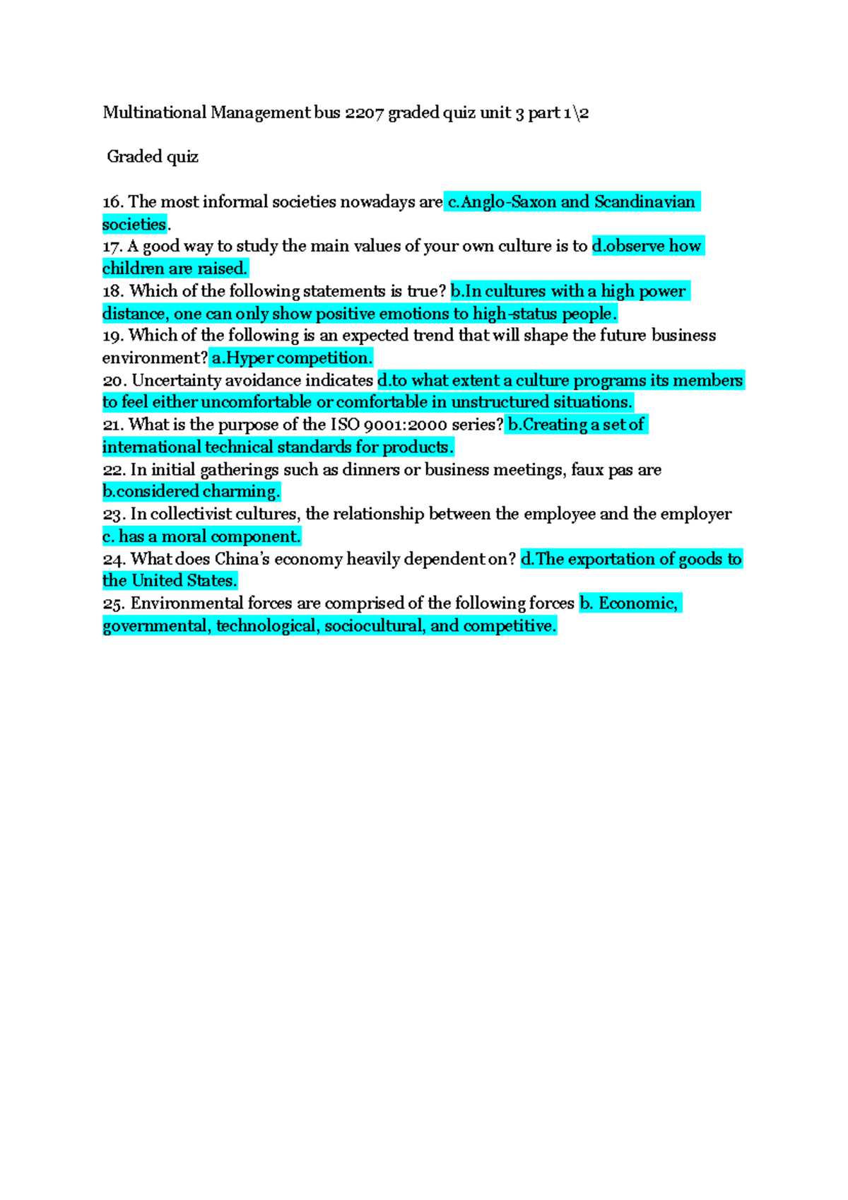 Multinational Management bus 2207 graded quiz unit 3 part 2 - A good ...