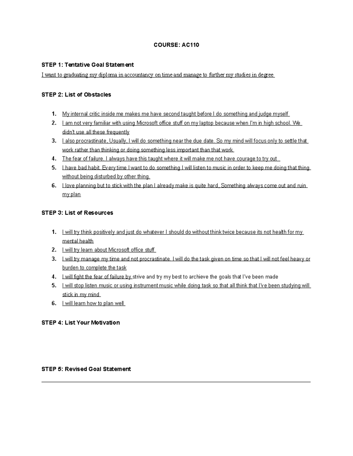 FIVE STEP Approach TO Setting Goals FORM - COURSE: AC STEP 1: Tentative ...