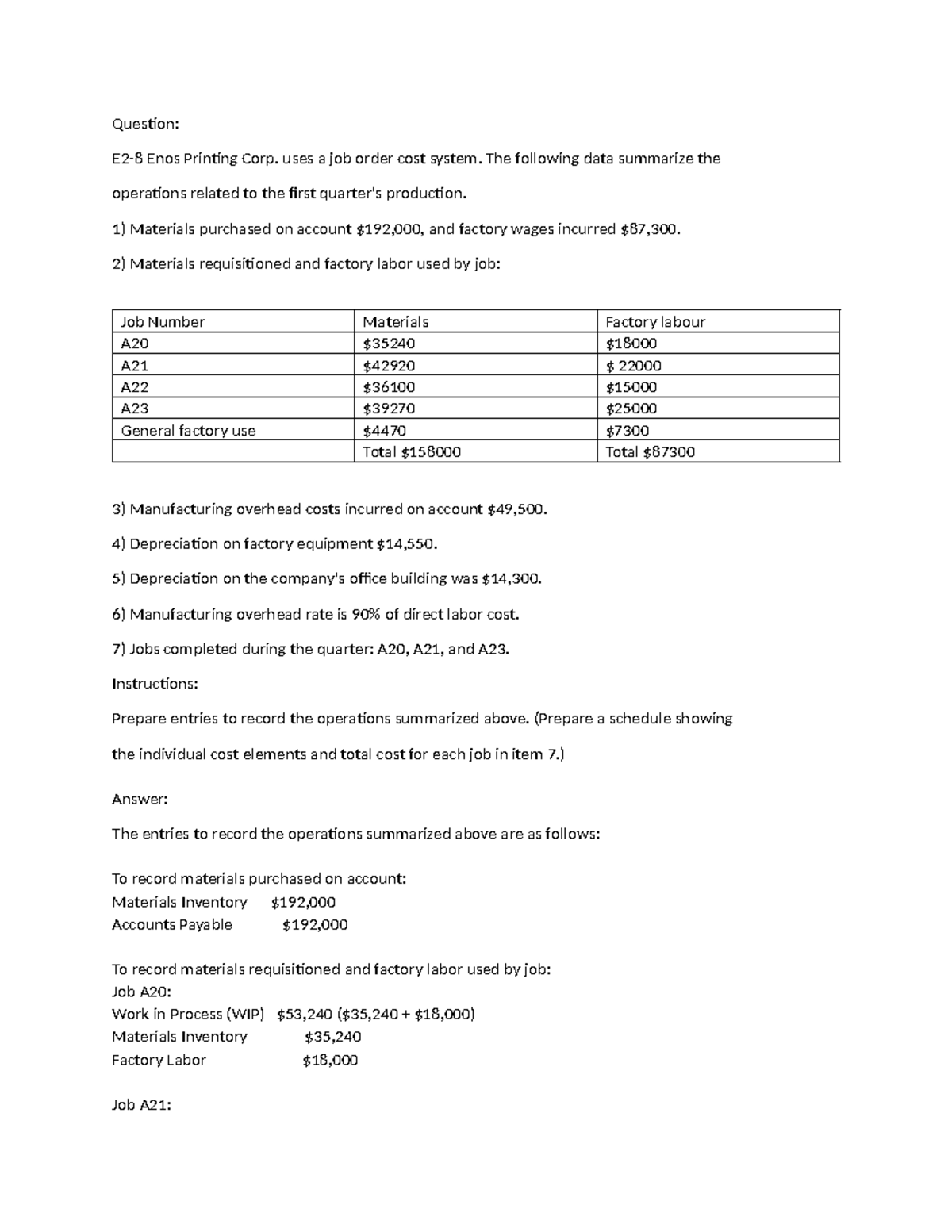Manaagement Accounting Quiz 2 - Question: E2-8 Enos Printing Corp. uses ...