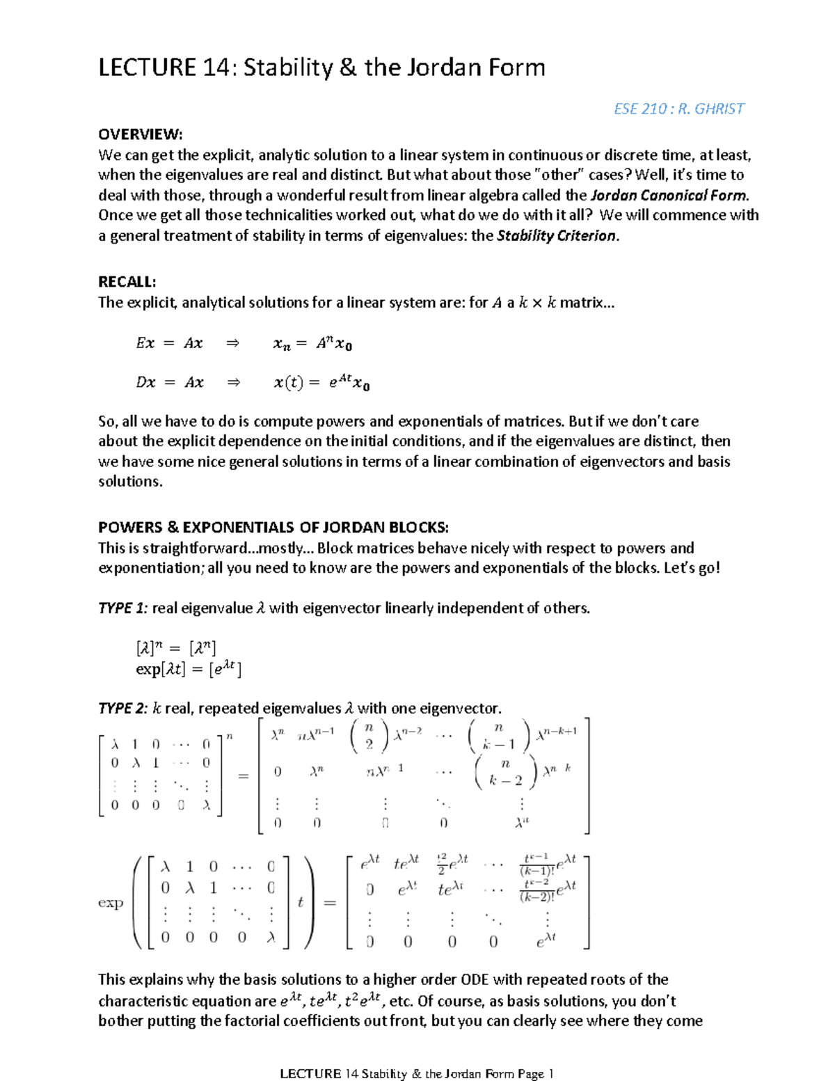 Lecture 14 Stability & the Jordan Form-4 - OVERVIEW: We can get the ...