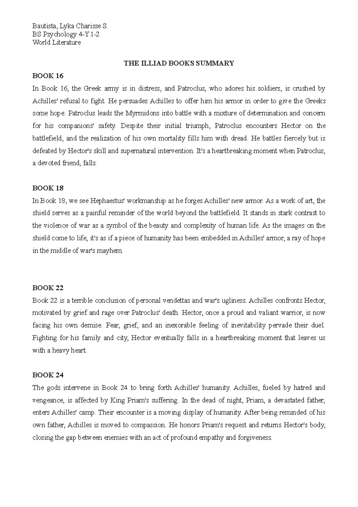The Illiad Books 16,18,22,24 Summary - Bautista, Lyka Charisse S. BS ...