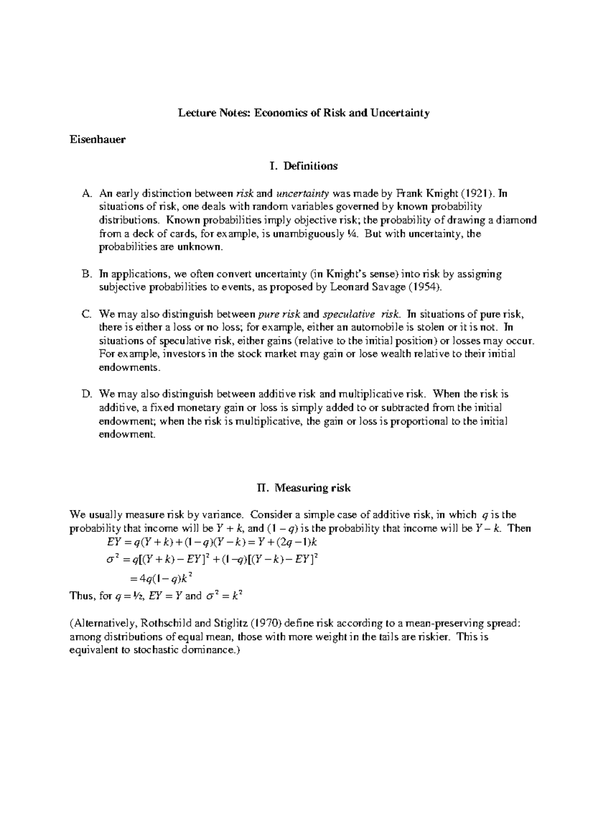 Economics of Risk and Uncertainty - Lecture Notes: Economics of Risk ...