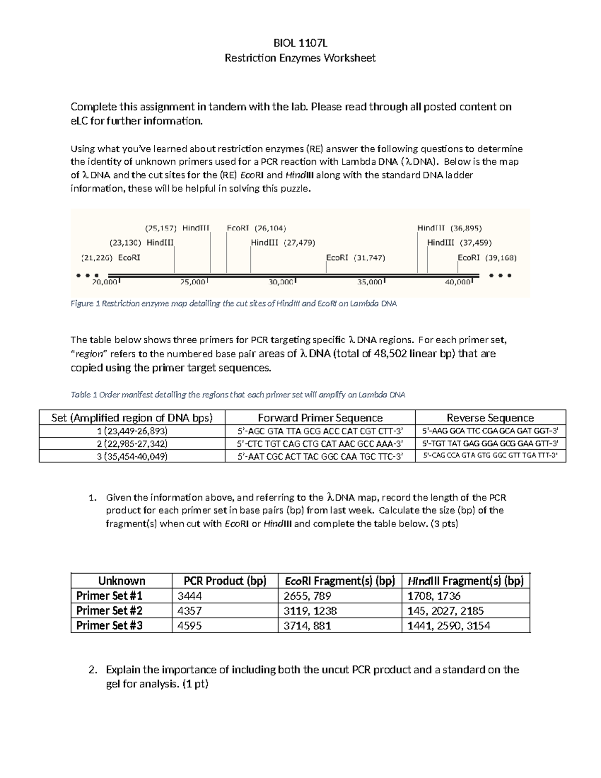 bio 1107Lab Week 9 - BIOL 1107L Restriction Enzymes Worksheet Complete ...