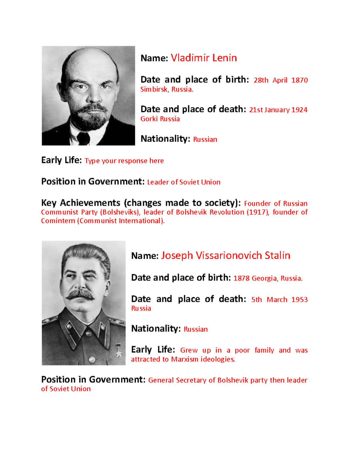 Dictatorships WW1 - Modern History HSC - Name: Vladimir Lenin Date and ...