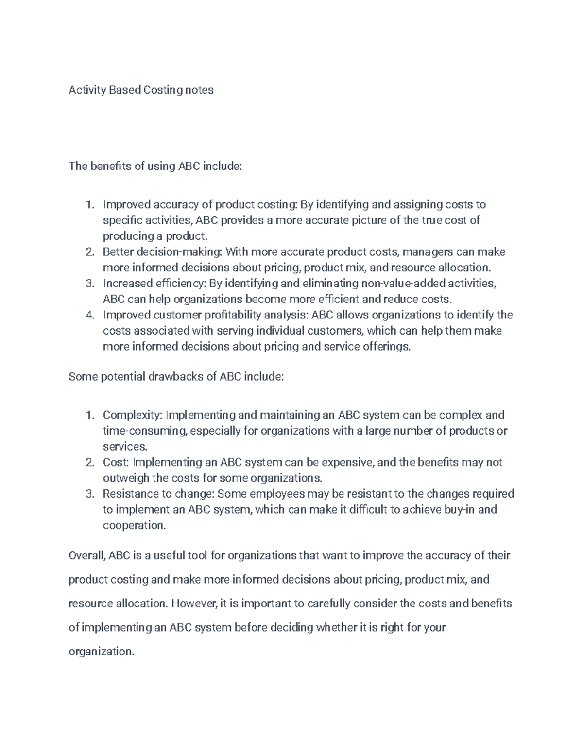 Activity based costing notes - Activity Based Costing notes The ...