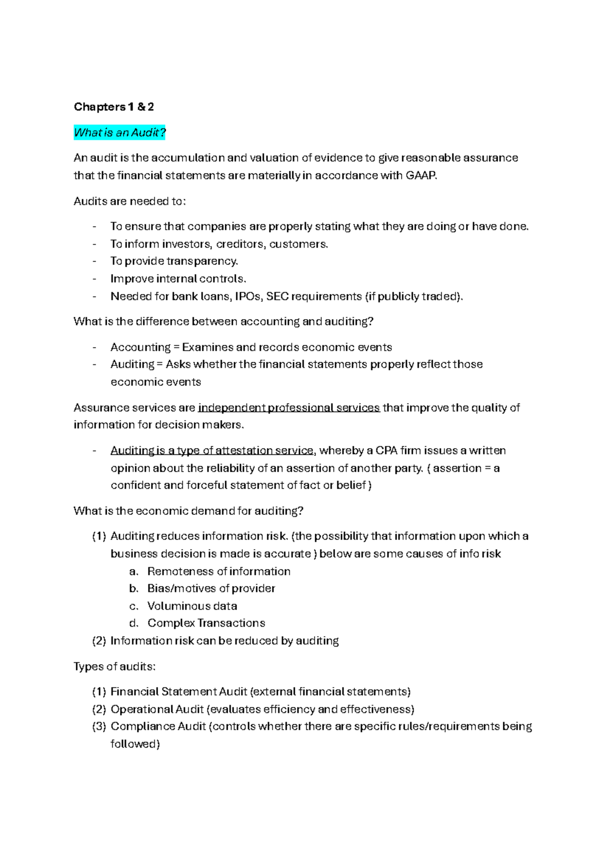 Exam 1 Auditing SG - Exam 1 Study Guide - Chapters 1 & 2 What is an Audit? An audit is the - Studocu
