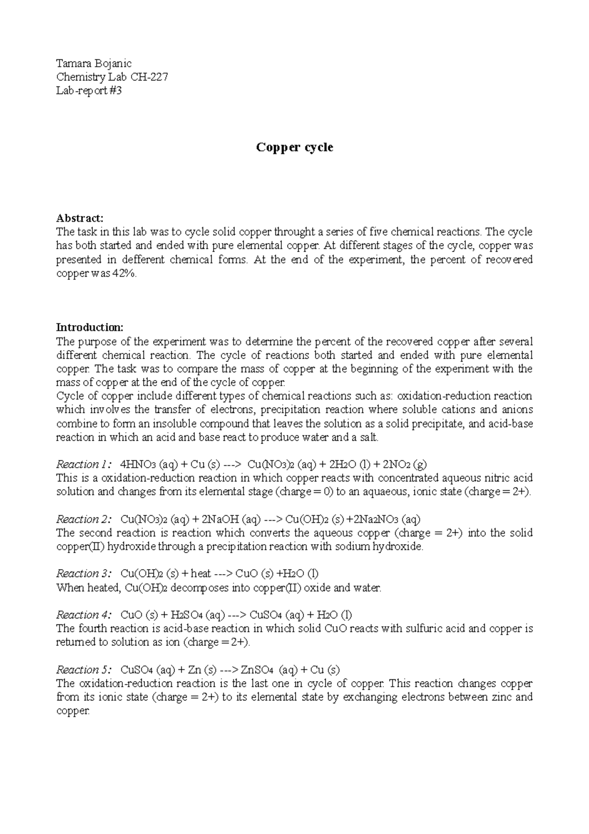 Tamara Bojanic Lab3-Report - Tamara Bojanic Chemistry Lab Copper cycle ...