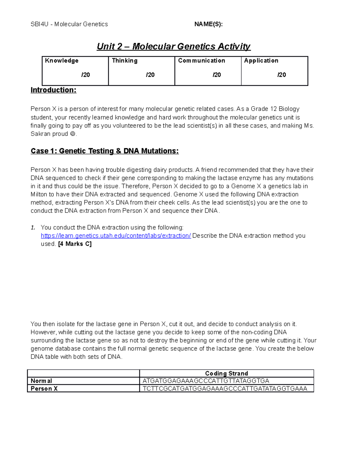 Molecular Genetics Activity (2021) V1 - Unit 2 – Molecular Genetics ...