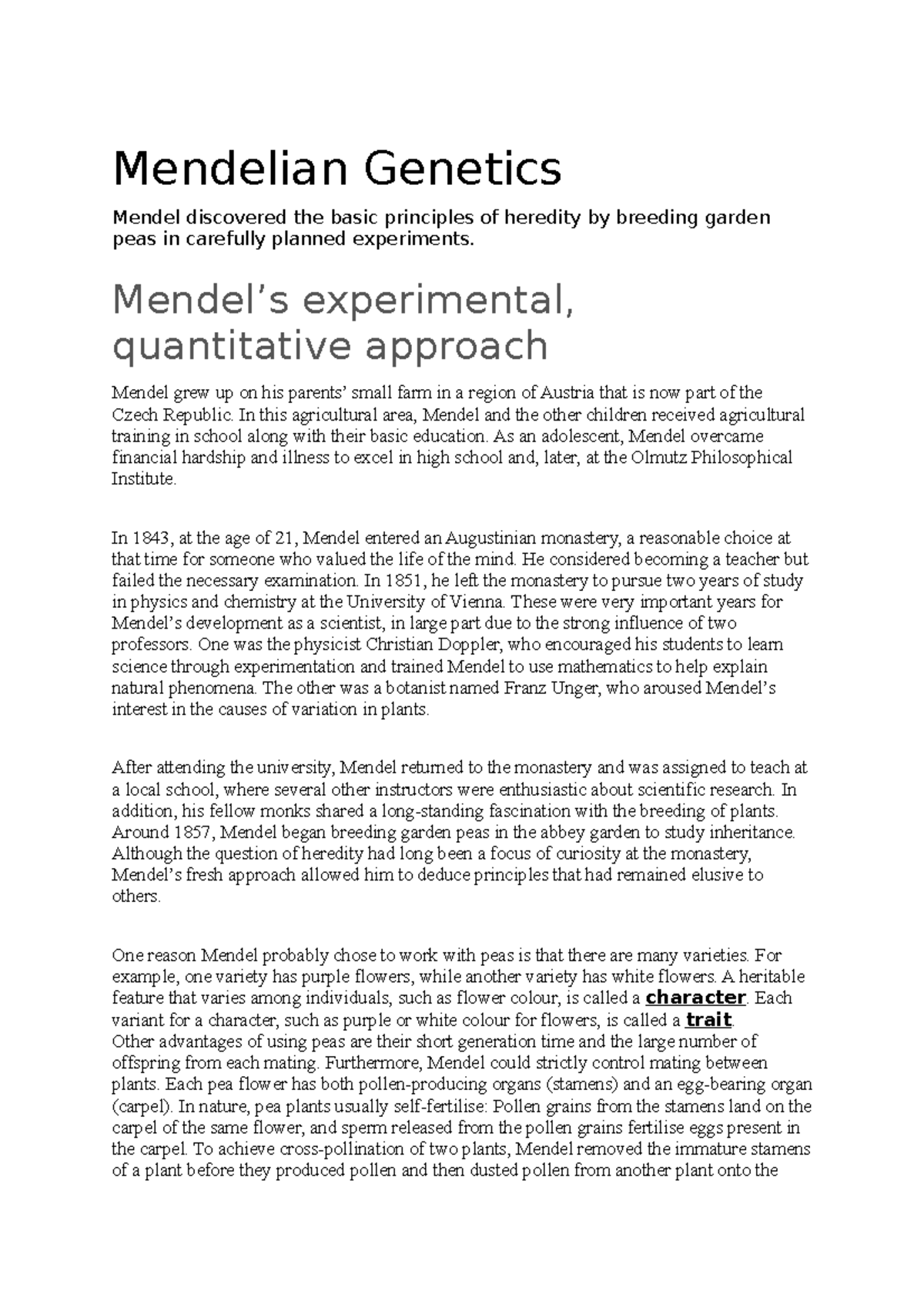 Mendelian genetics notes - Mendelian Genetics Mendel discovered the ...