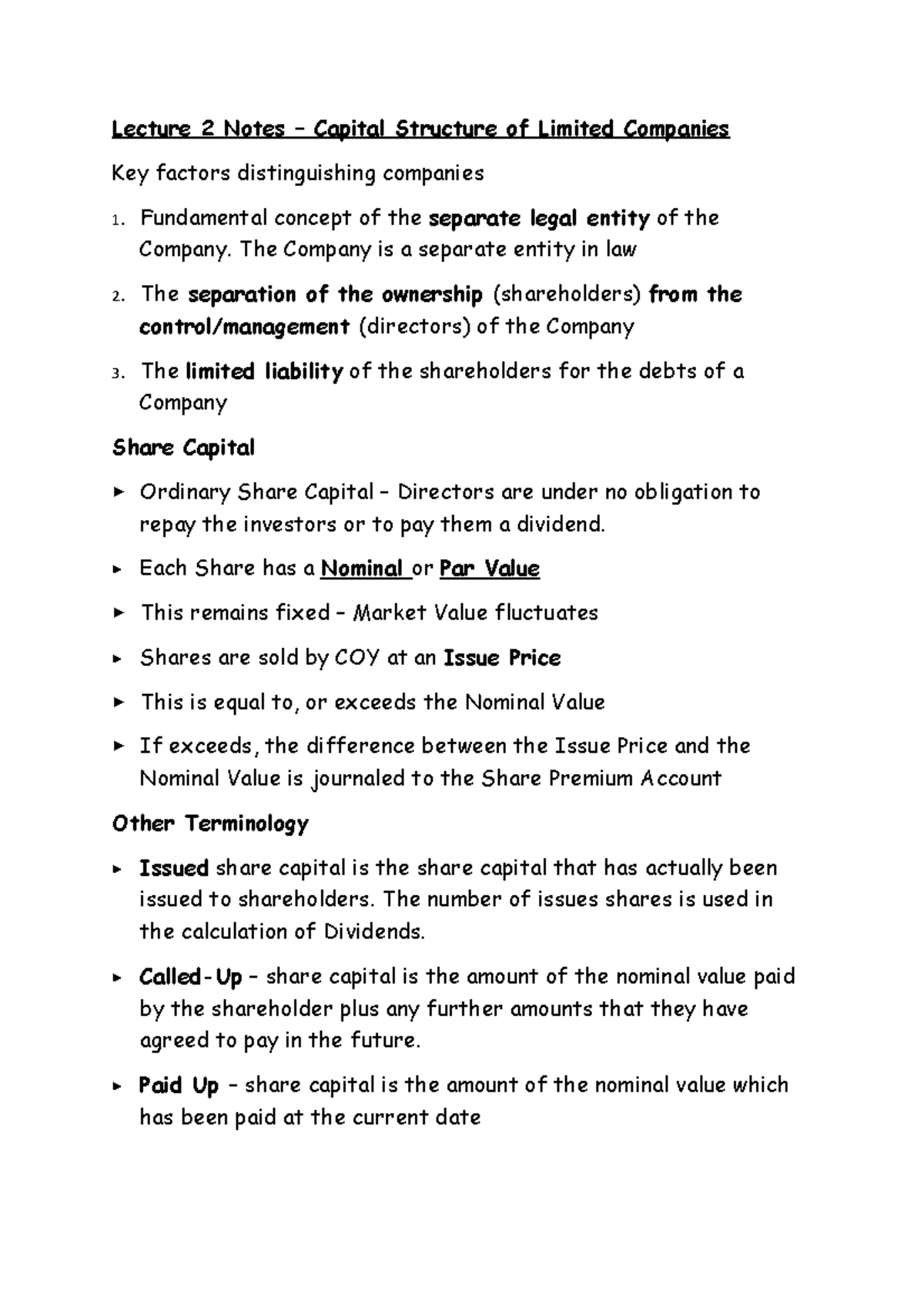 Lecture 2 Notes - Capital structure of limited countries - Lecture 2 ...