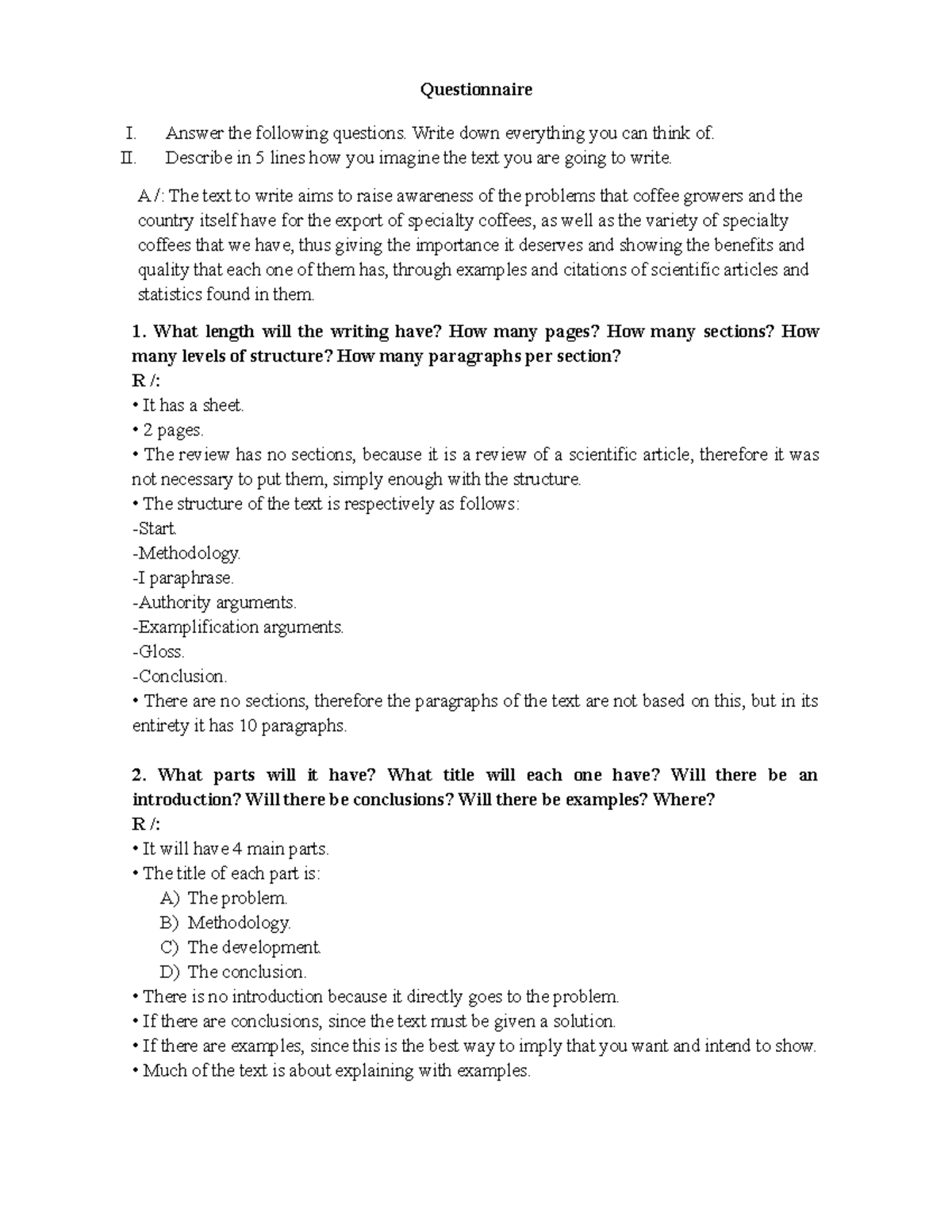 Questionnaire and paragraph revision - Questionnaire I. Answer the ...
