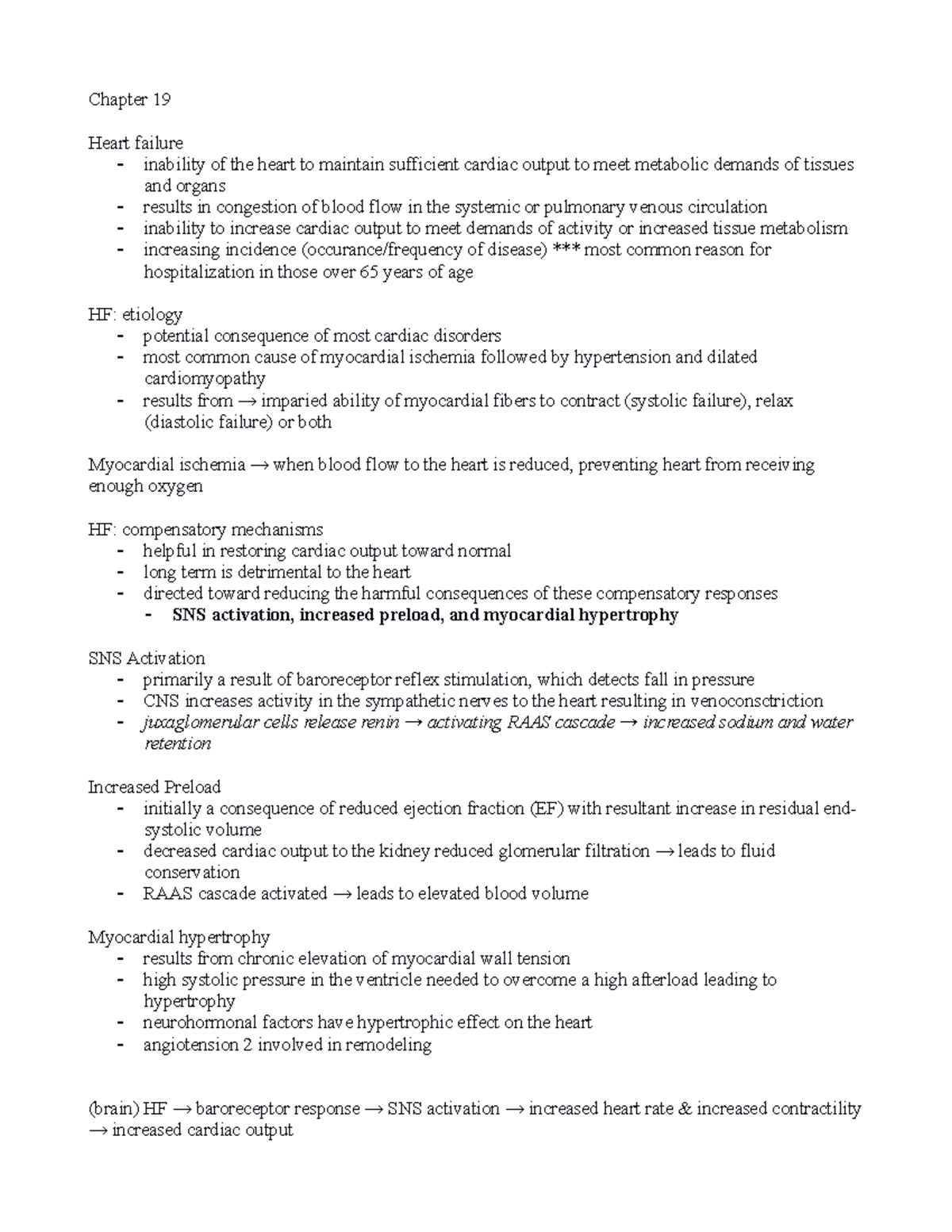 Chapter 19 notes - Chapter 19 Heart failure inability of the heart to ...