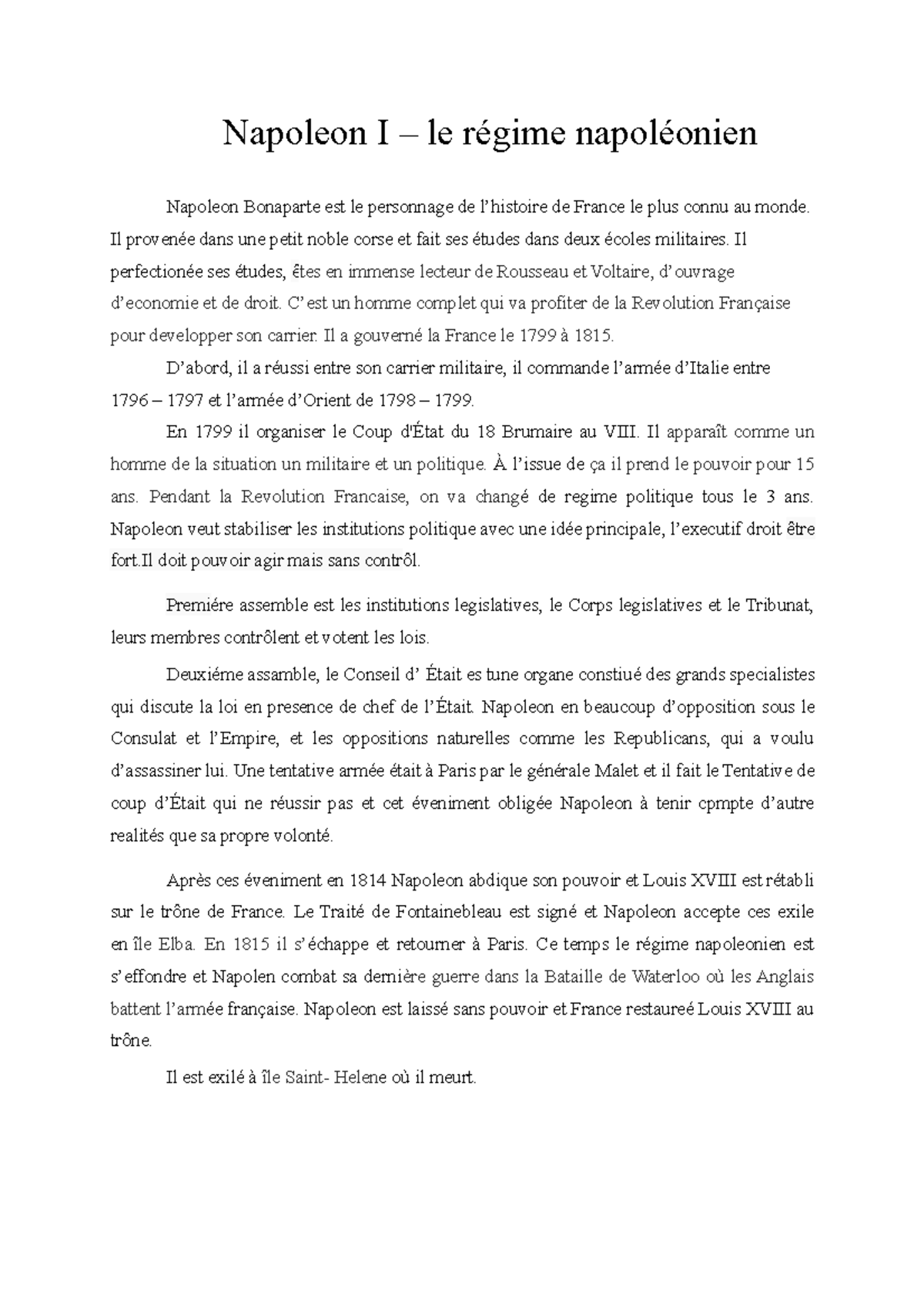 Sample/practice exam 11 June 2018, questions - Napoleon I – le régime ...