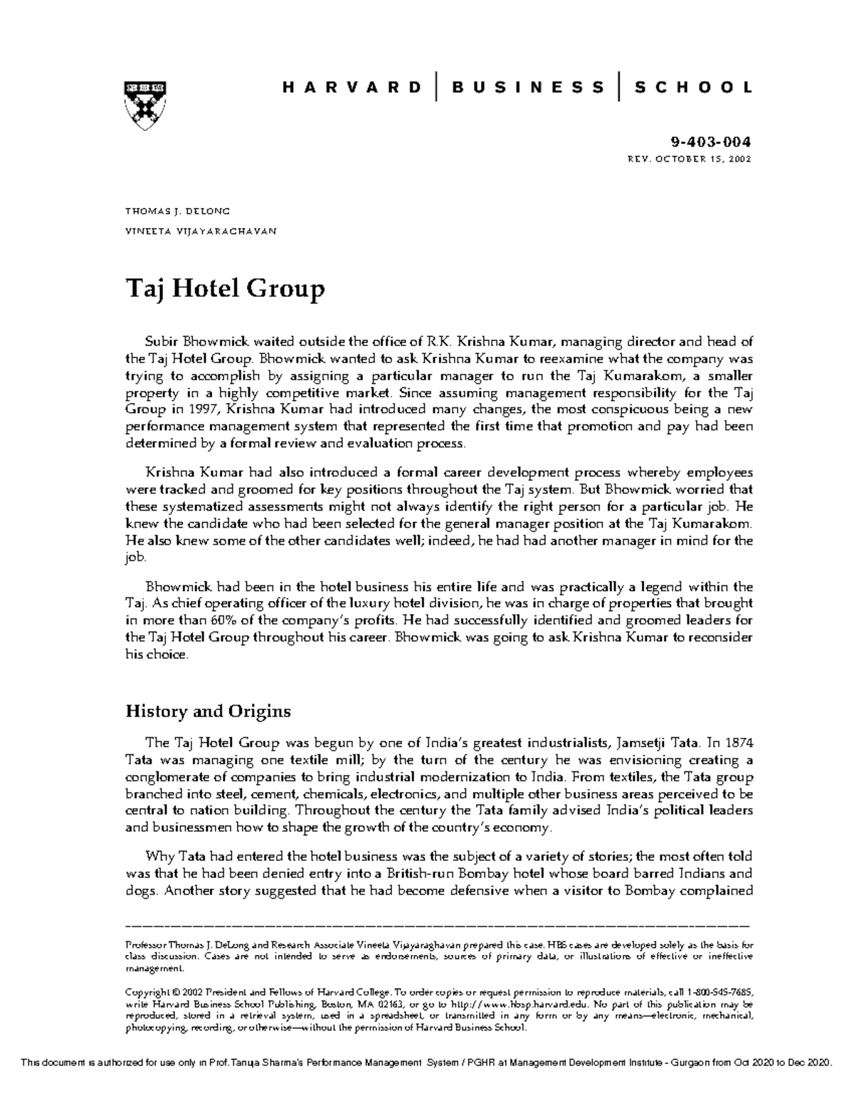Taj Hotel Group 403004-PDF-ENG - 9-403- REV: OCTOBER 15, 2002 Professor ...