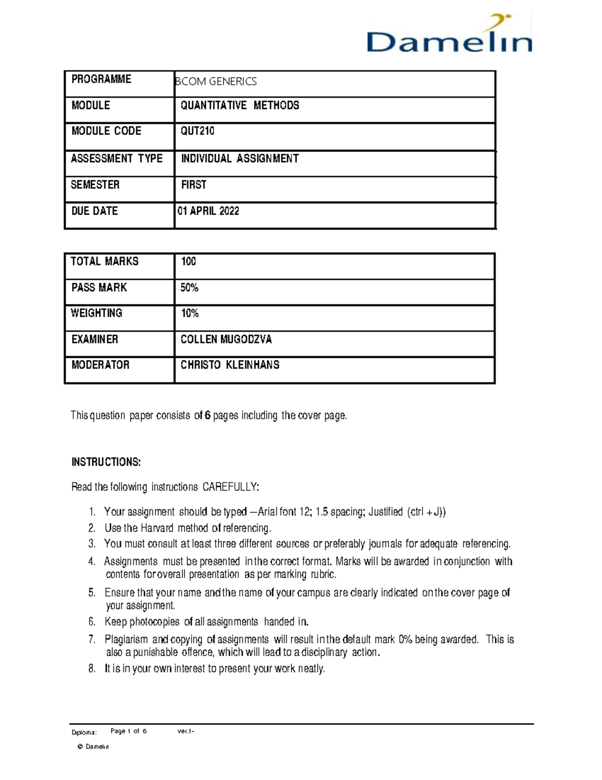Quantitative Techniques Individual Assignment 2022 - Page 1 of 6 ver ...