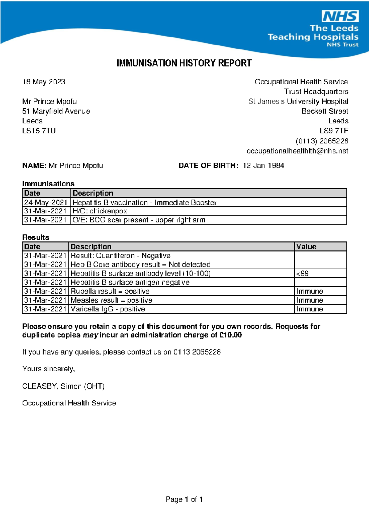 Immunization reports - Nothing - Page 1 of 1 IMMUNISATION HISTORY ...