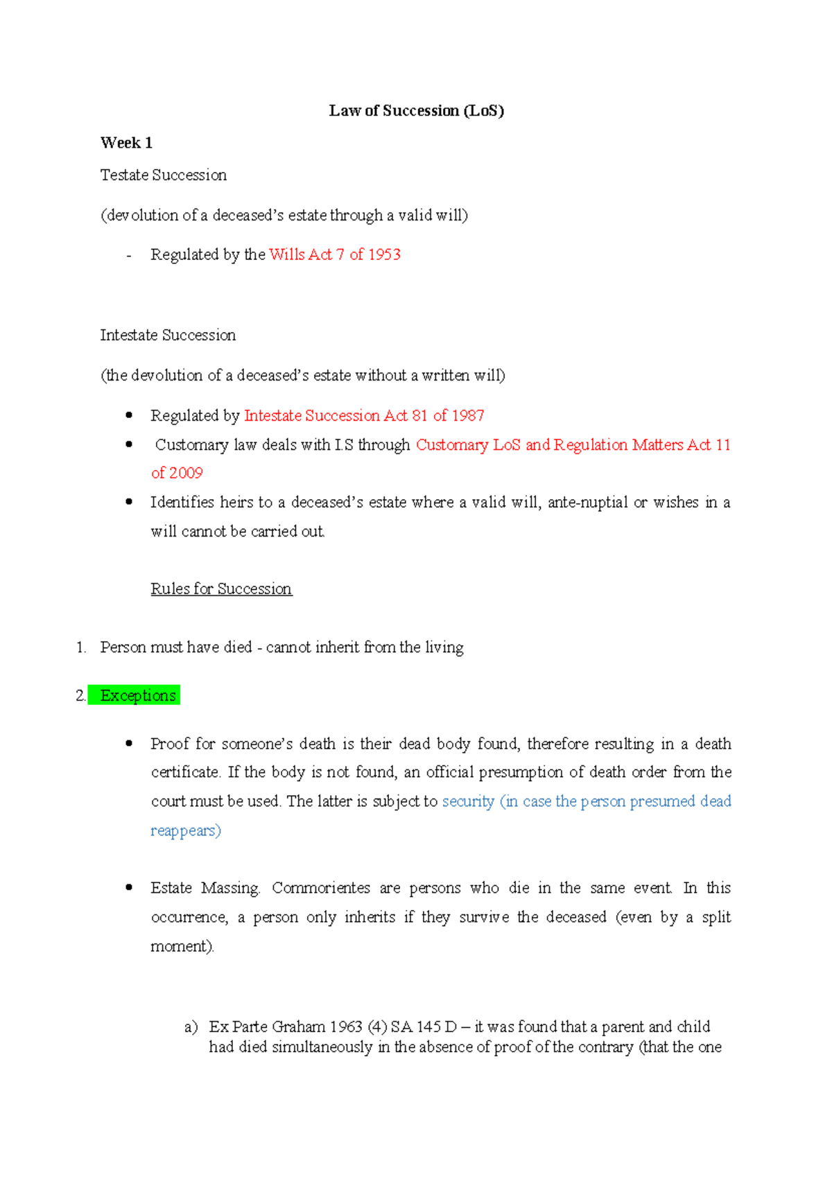 Law of Succession W1 - Law of Succession (LoS) Week 1 Testate ...