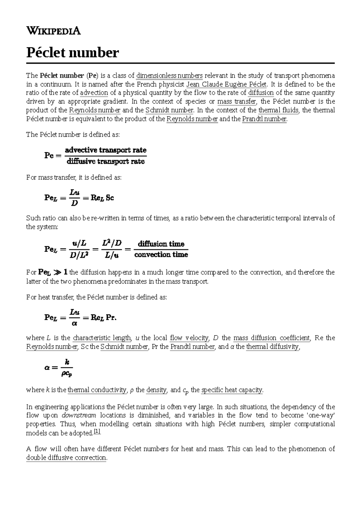 Péclet number Heat and mass transfer - Péclet number The Péclet number ...