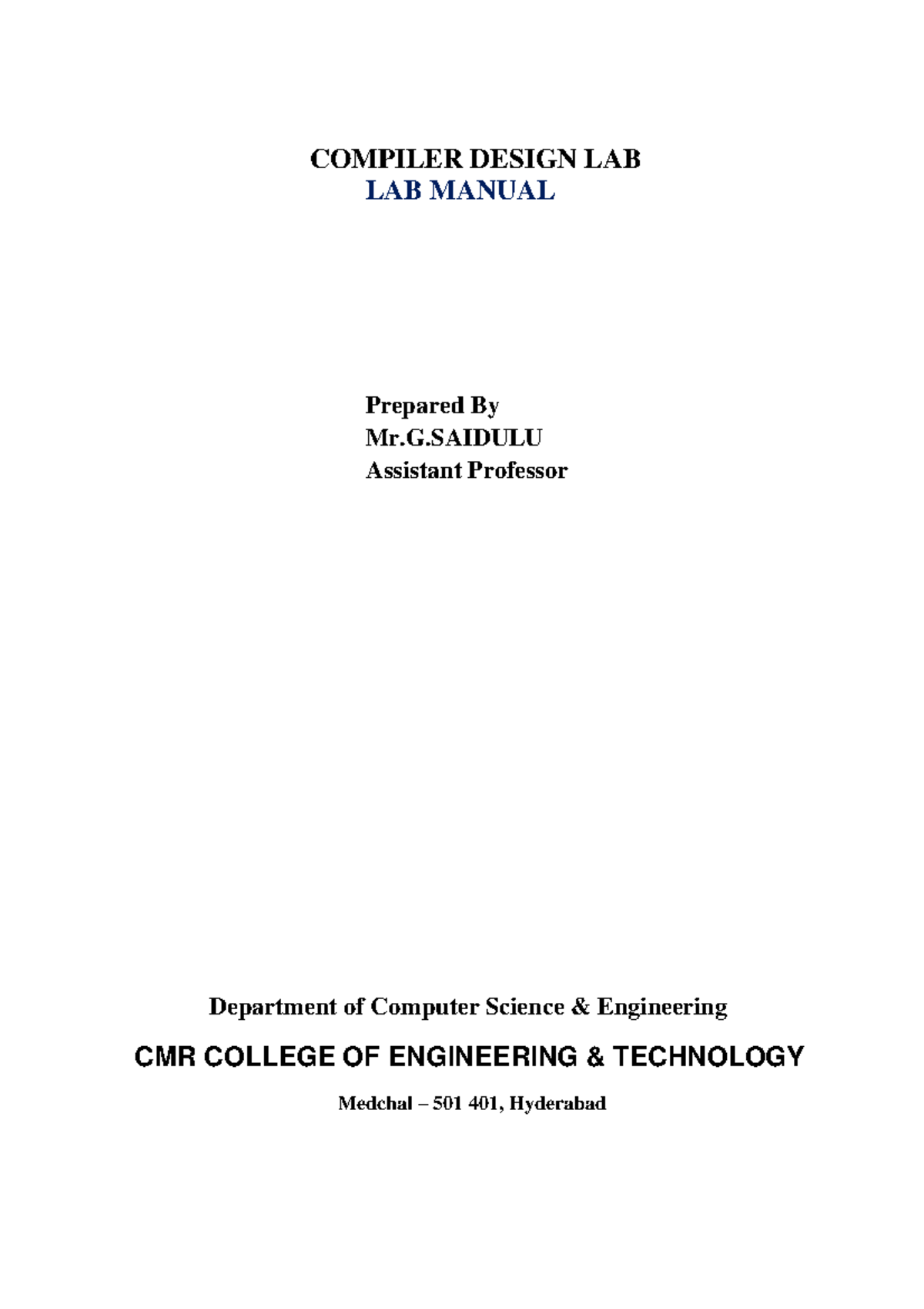 CD LAB Manual Final (2) - COMPILER DESIGN LAB LAB MANUAL Prepared By Mr ...