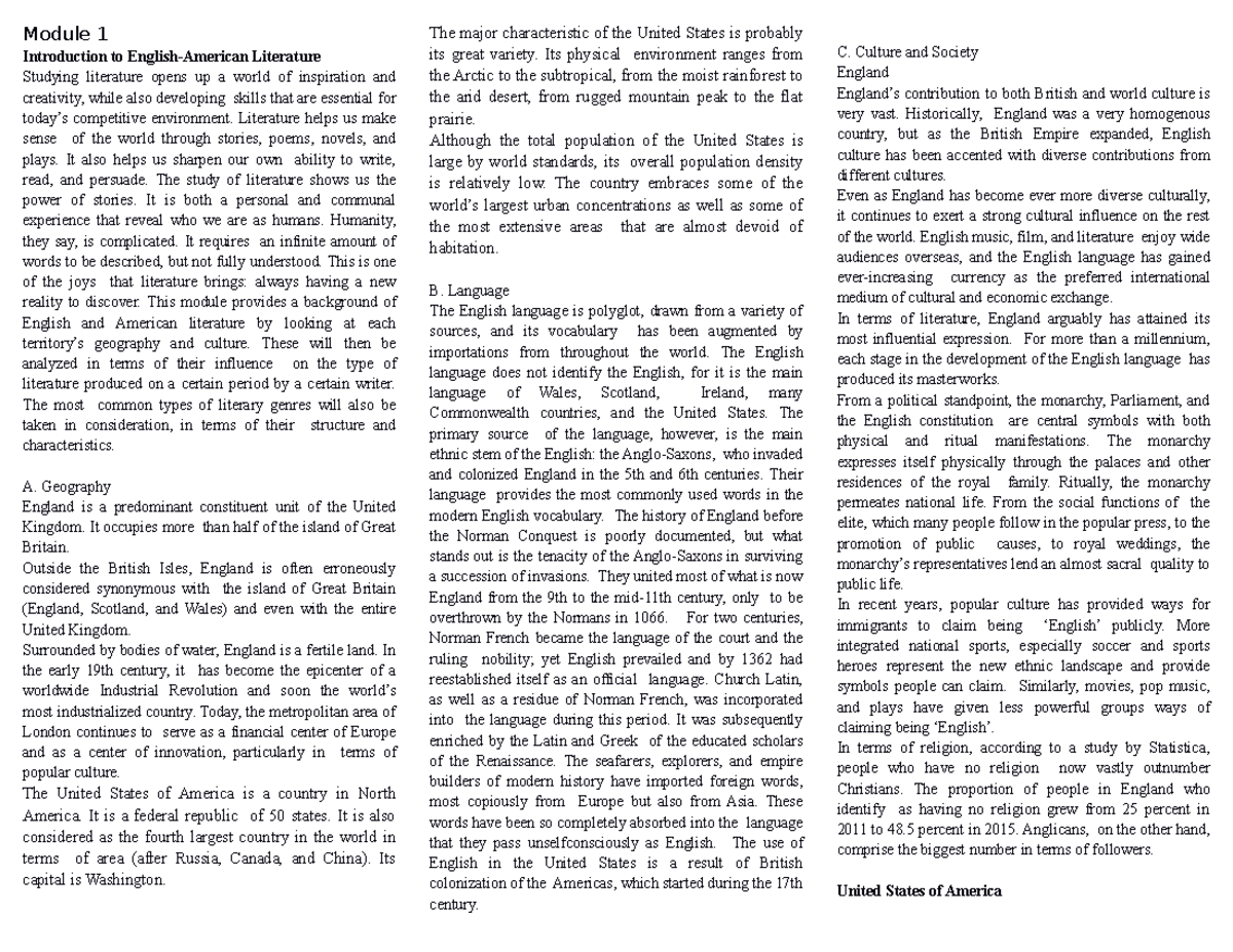 Module 1-4 (ELT2) - Module 1 Introduction to English-American ...