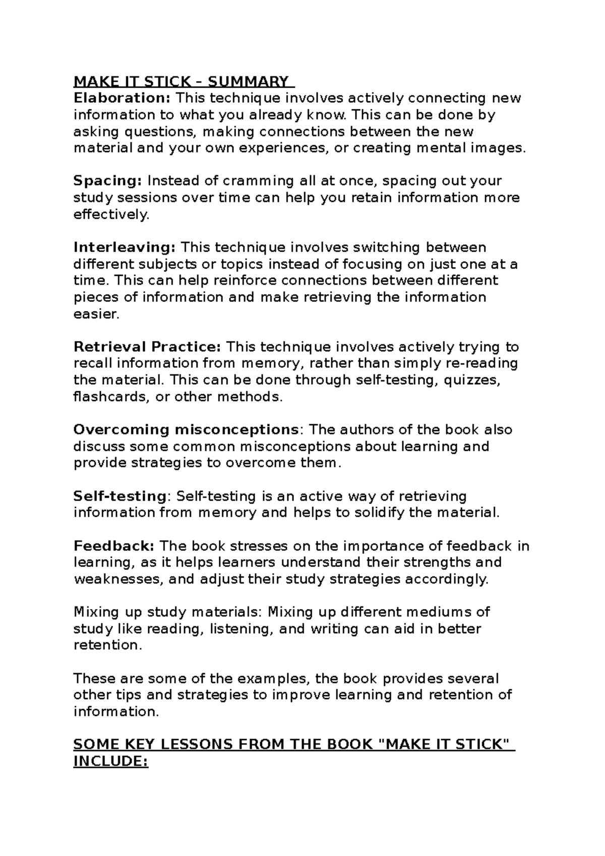 MAKE IT Stick - LLLL - MAKE IT STICK – SUMMARY Elaboration: This ...