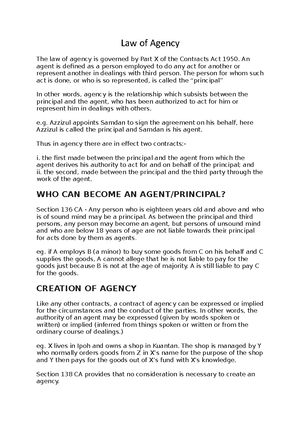 Notes Law of Agency - law - Law of Agency The law of agency is governed ...