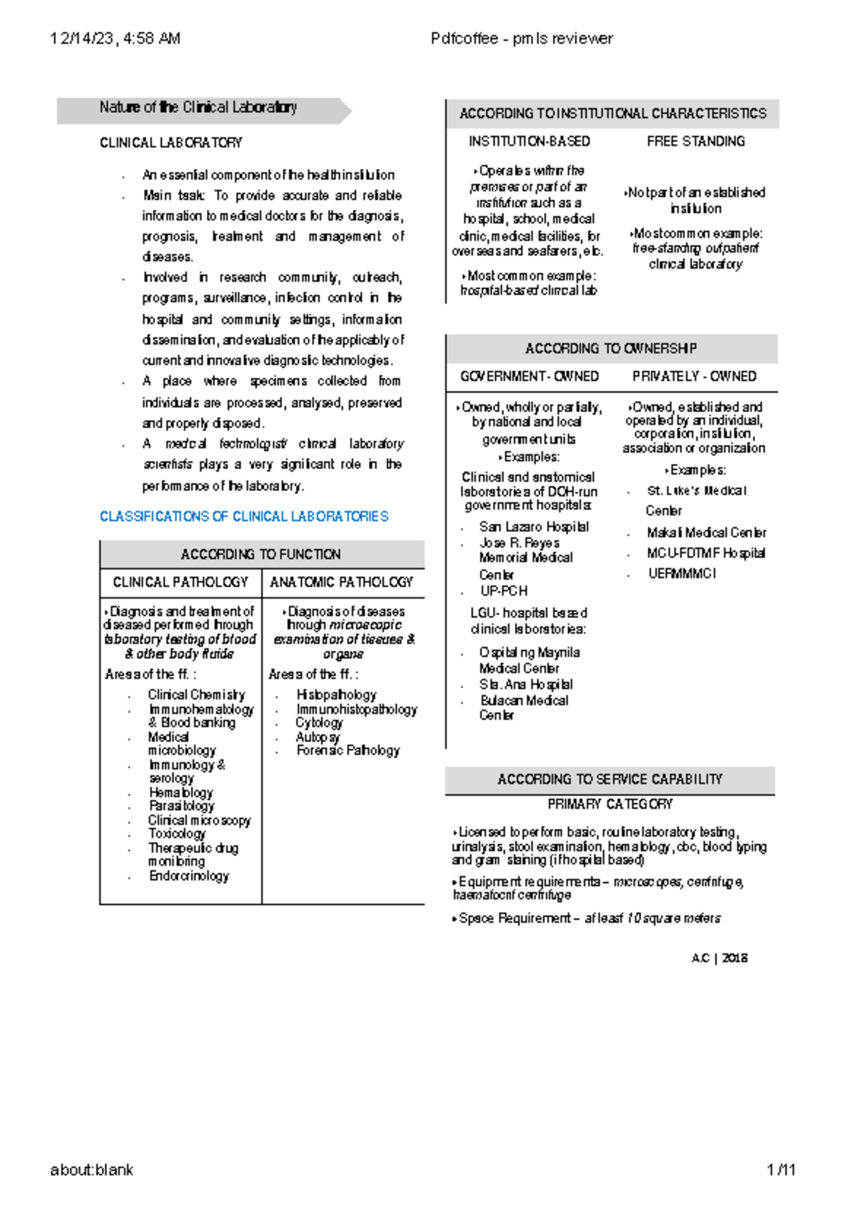Pdfcoffee - pmls reviewer - A | 2018 Nature of the Clinical LaboratoNature of the Clinical - Studocu