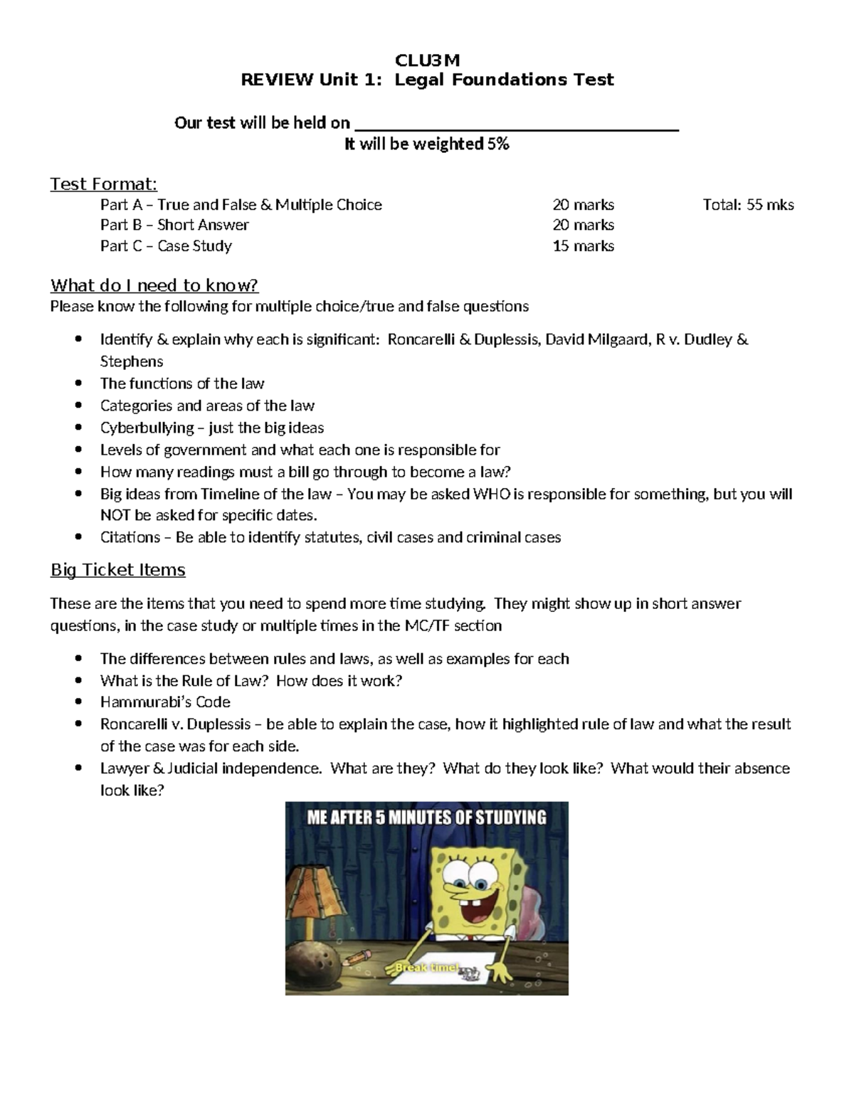 Unit 1 Test Review 1 - ... - CLU3M REVIEW Unit 1: Legal Foundations ...