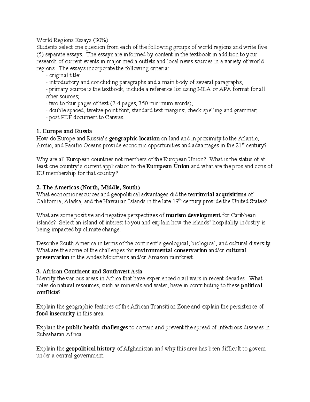 World+Regions+Essays - World Regions Essays (30%) Students select one ...