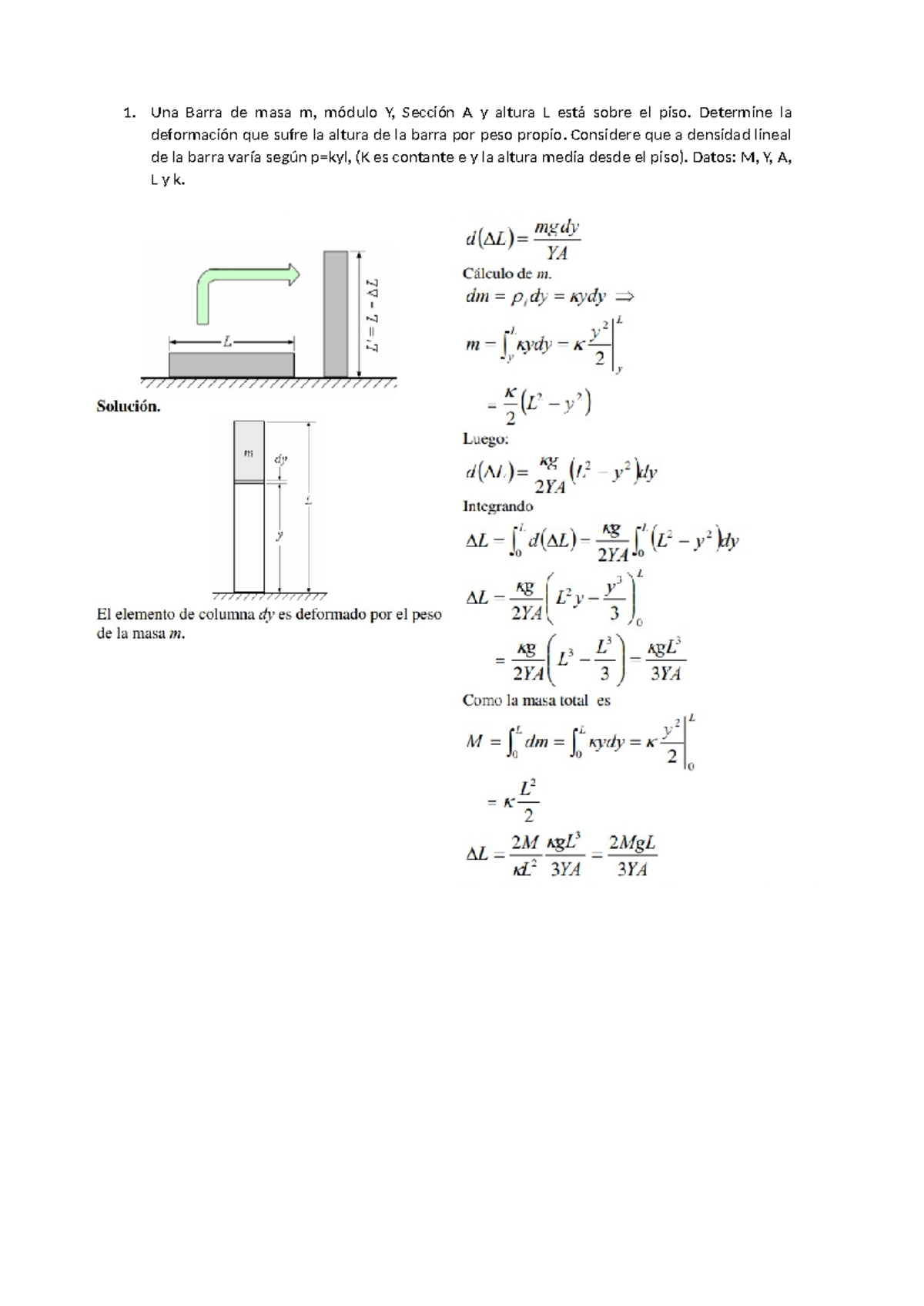 Practicando para la PC2 - Una Barra de masa m, módulo Y, Sección A y altura L está sobre el piso ...