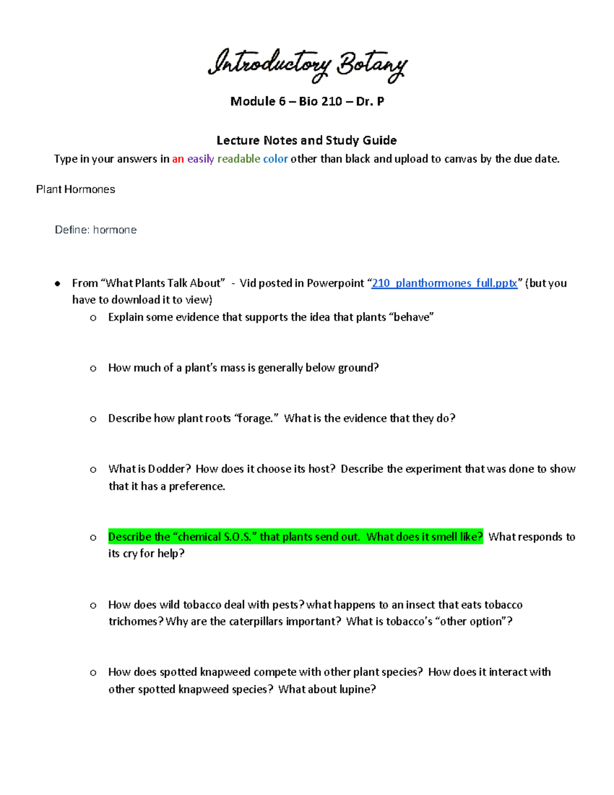 Bio210 Mod6 Notes Plant Hormones - Module 6 – Bio 210 – Dr. P Lecture ...