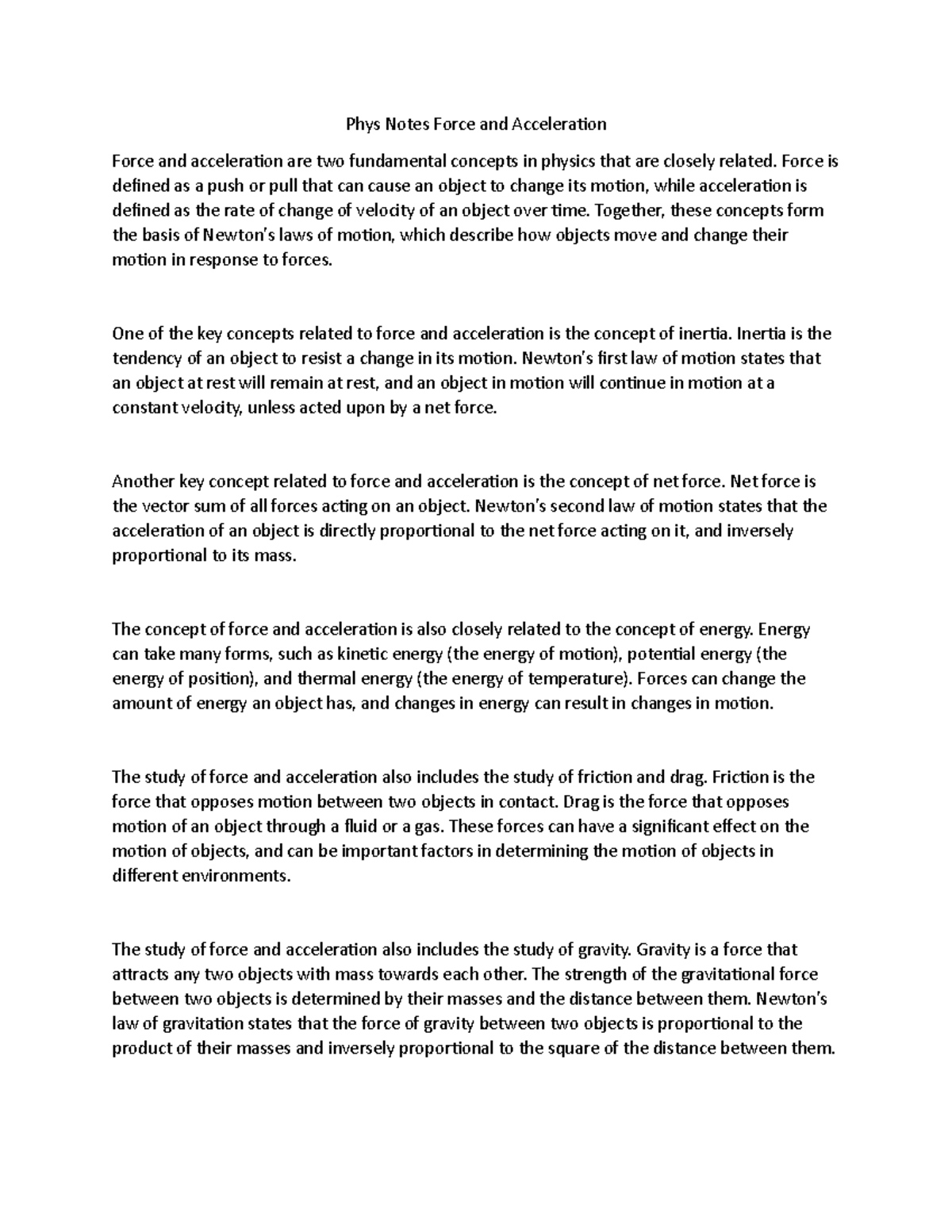 Phys Notes Force and Acceleration - Force is defined as a push or pull ...