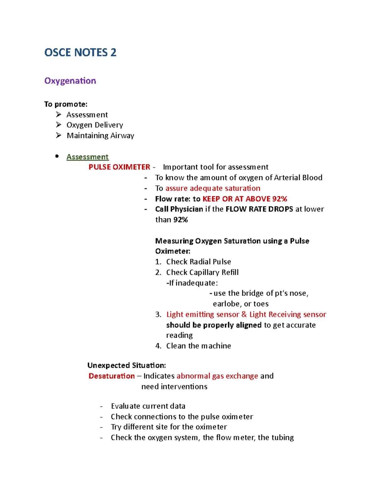 OSCE Notes 2 - Oxygenation - OSCE NOTES 2 Oxygenation To promote ...