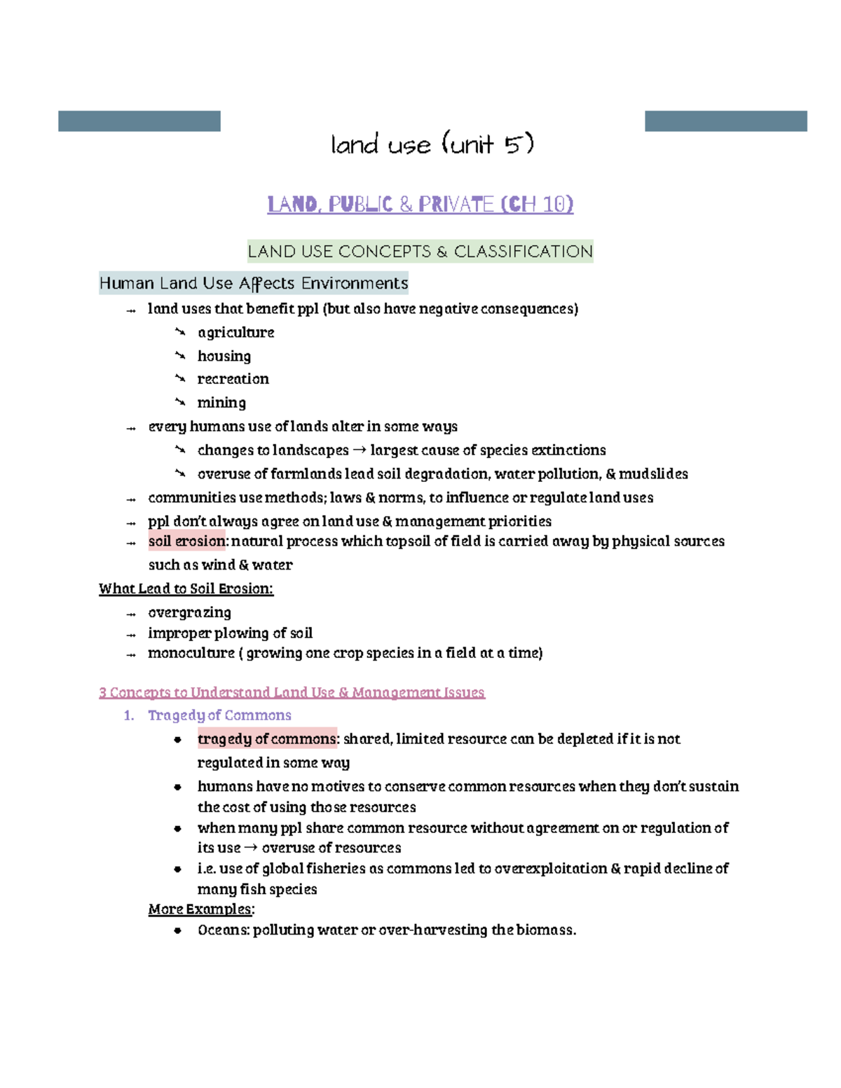Unit 5 Land Use - Land Use - land use (unit 5) LanD, puBlIC & pRivATe (cH 10) LAND USE CONCEPTS ...