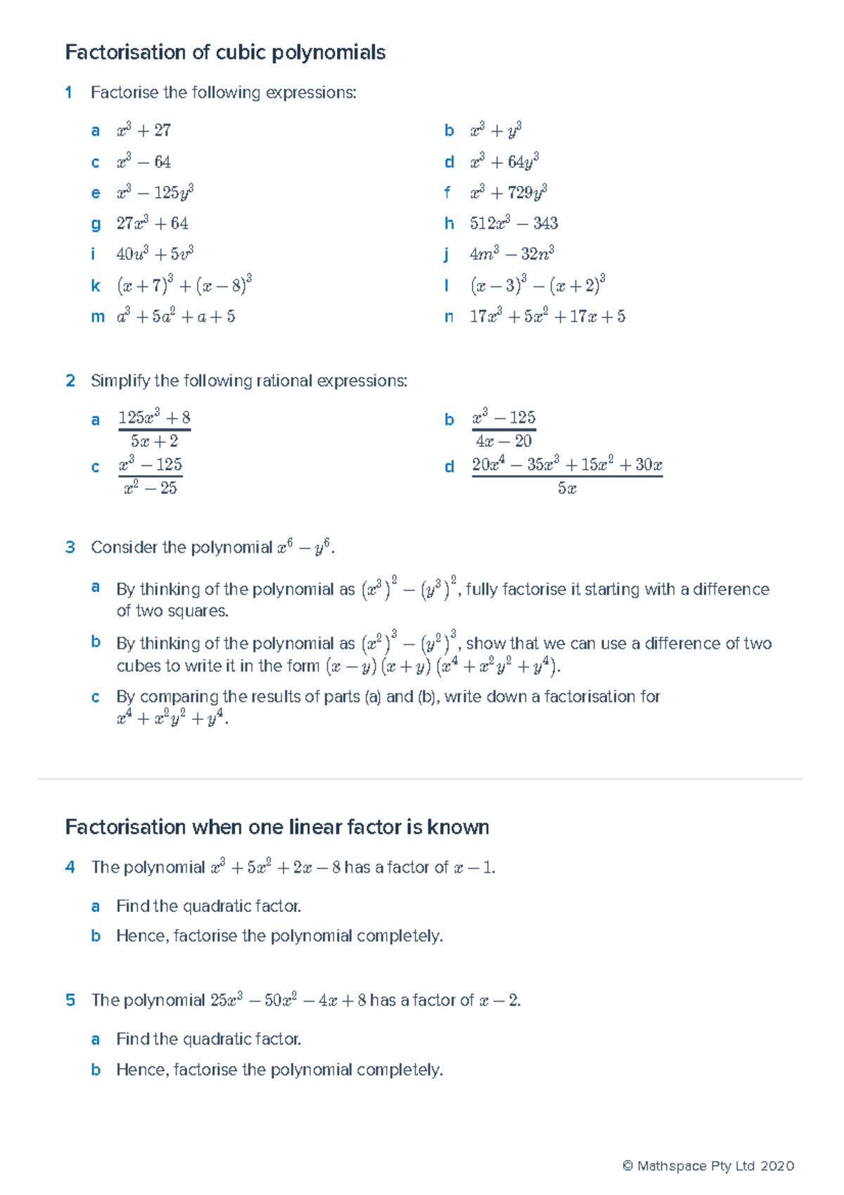 1.09 Factorise cubic polynomials - worksheet - Factorisation of cubic ...