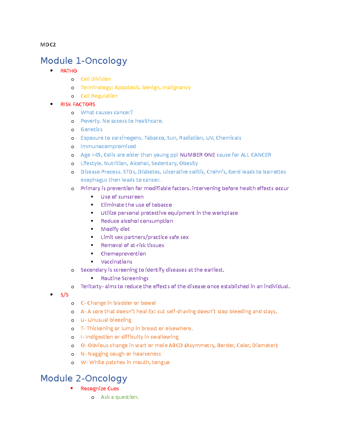 MDC2 All Lecture Notes - oncology - MDC Module 1-Oncology PATHO o Cell ...