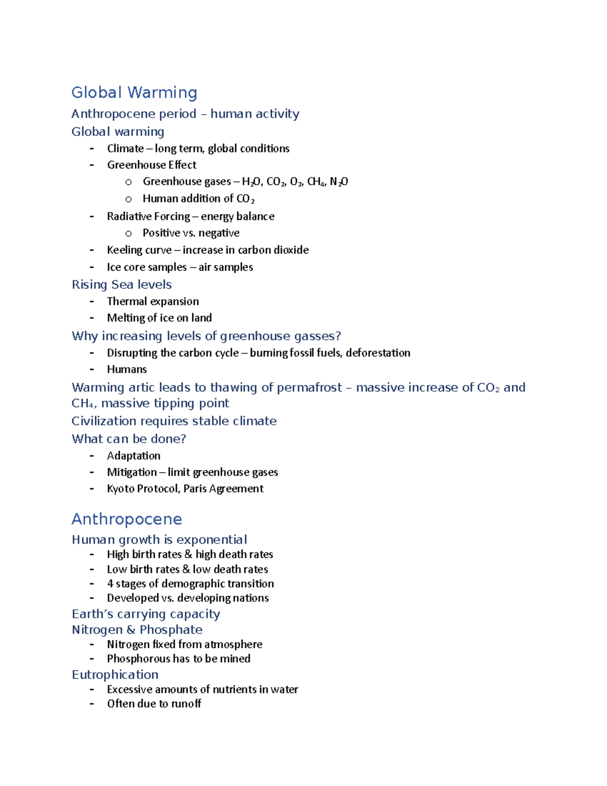Exam 3 Review Notes - Global Warming Anthropocene period – human ...